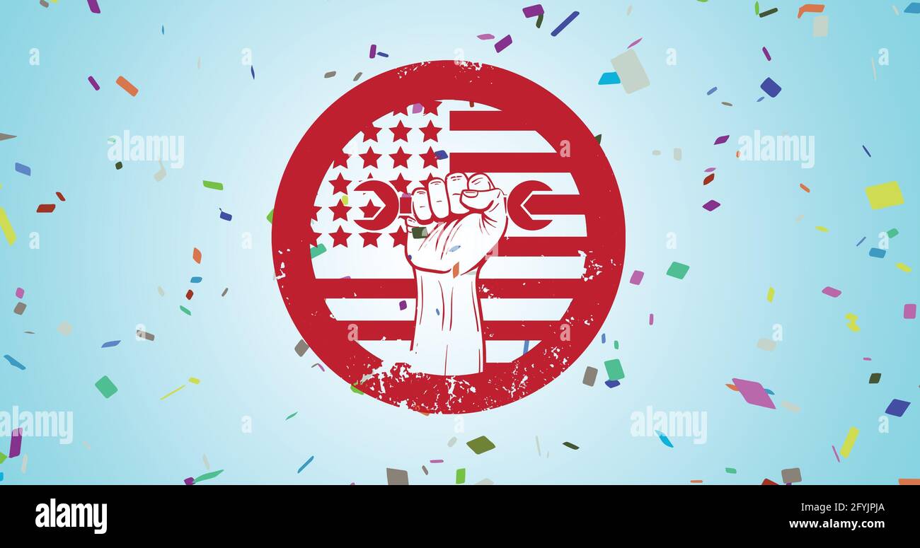 Composition of hand with spanner labour day symbol with confetti over ...