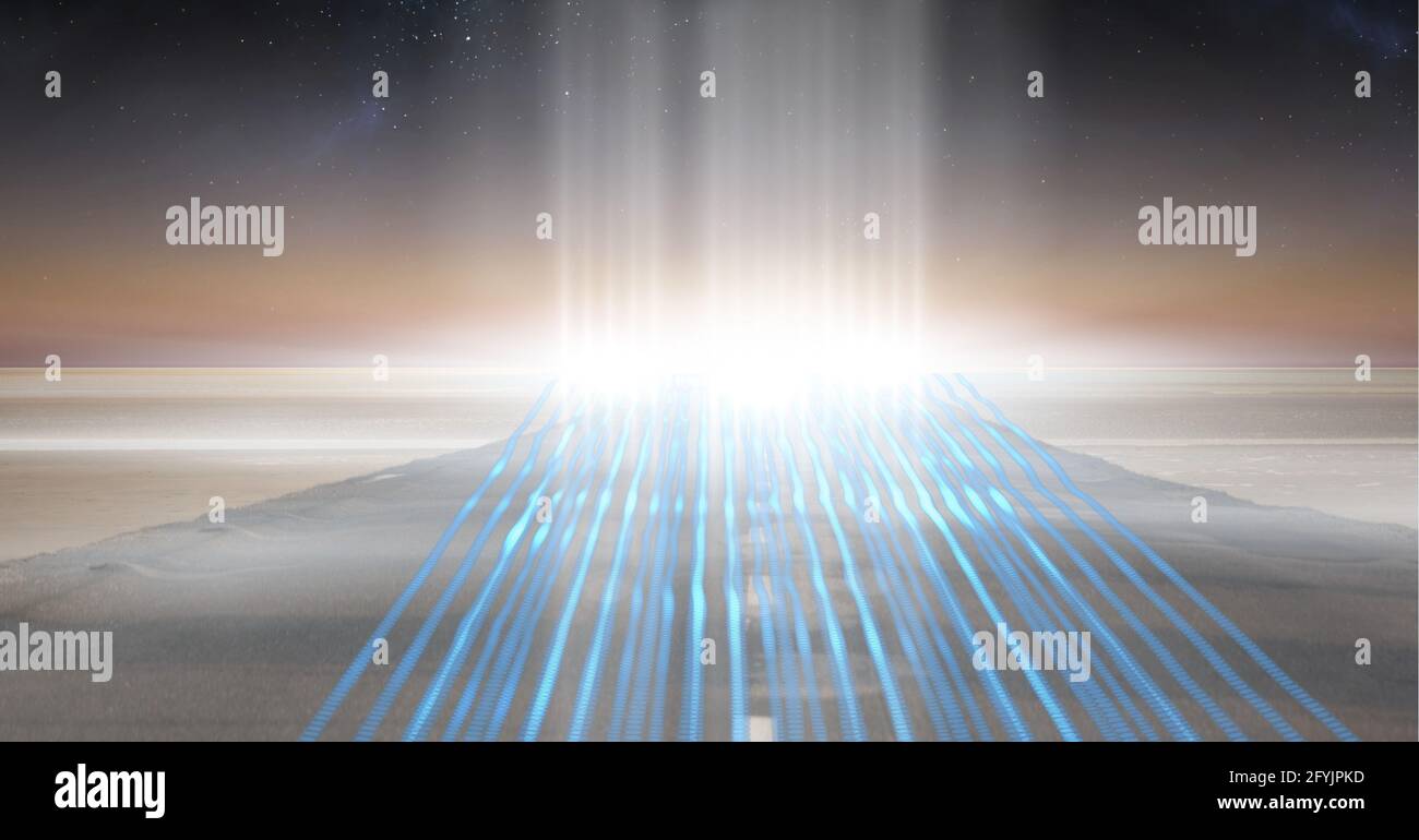 Composition of network of blue light trails and connections over road ...