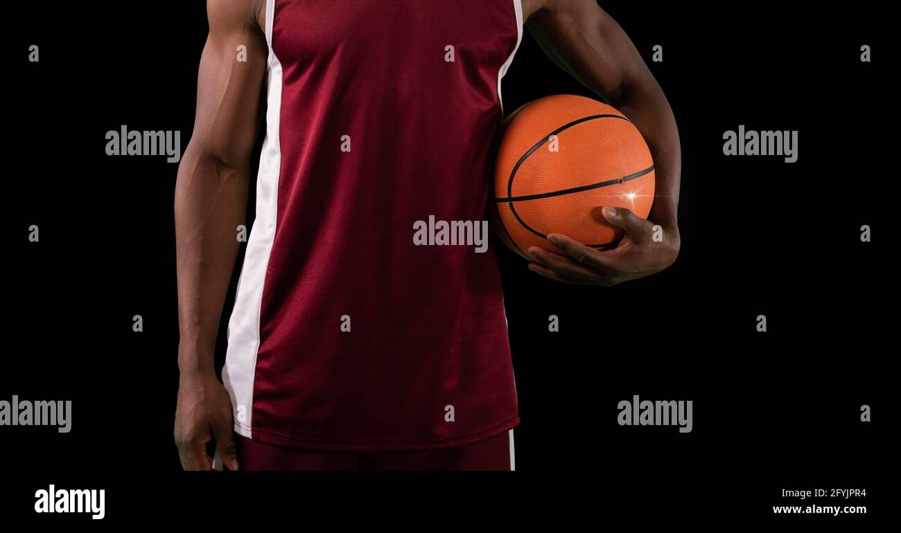 Composition of midsection of male basketball player with ball and copy ...