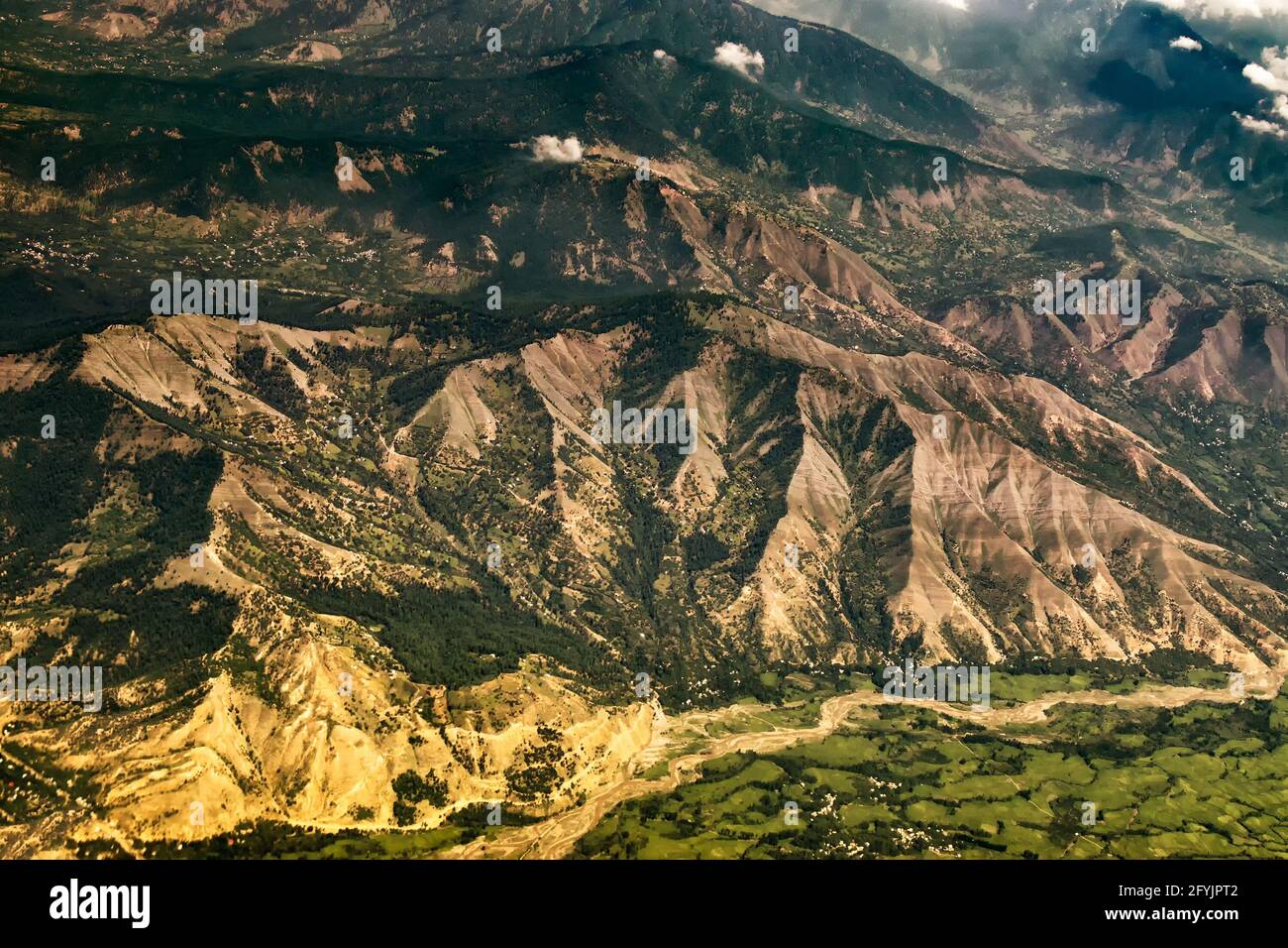 Aerial view of himalayan mountains of Ladakh, green landscape with ...