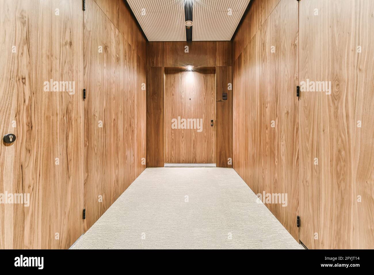 Perspective view of hallway with walls in luxury wooden panels in soft ...