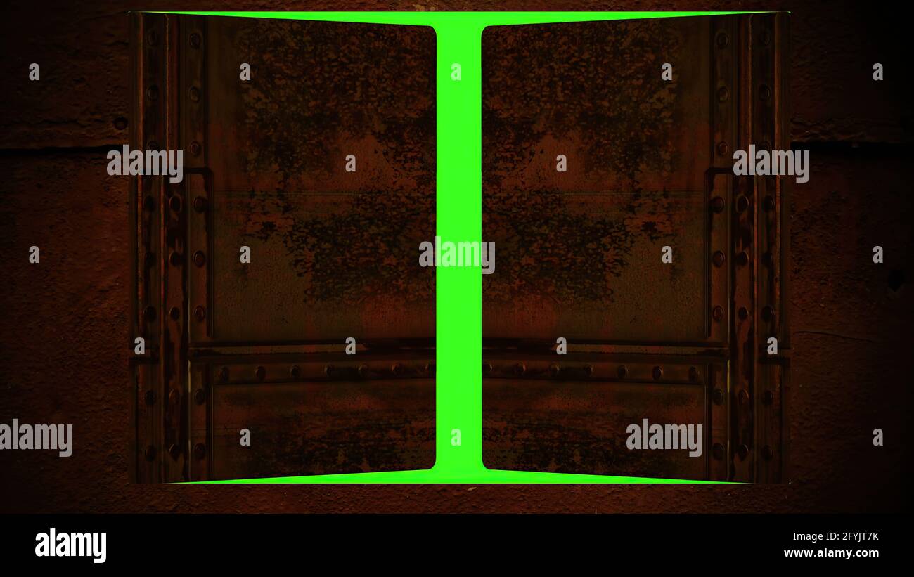 3d illustration - metal door opening to green screen Stock Photo - Alamy