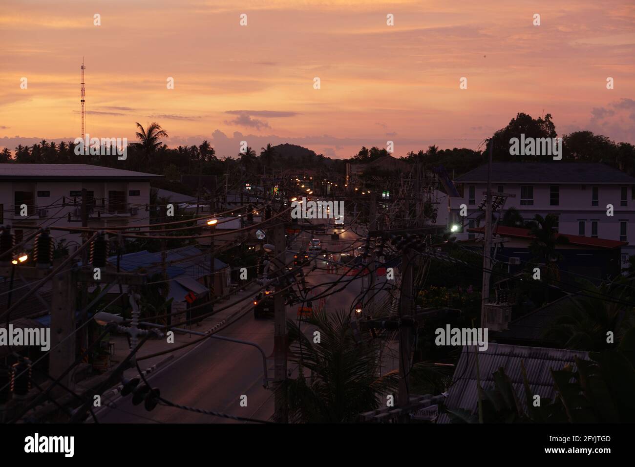 Early evening in Thailand on the island Koh Samui, Samui Town Center Bo ...