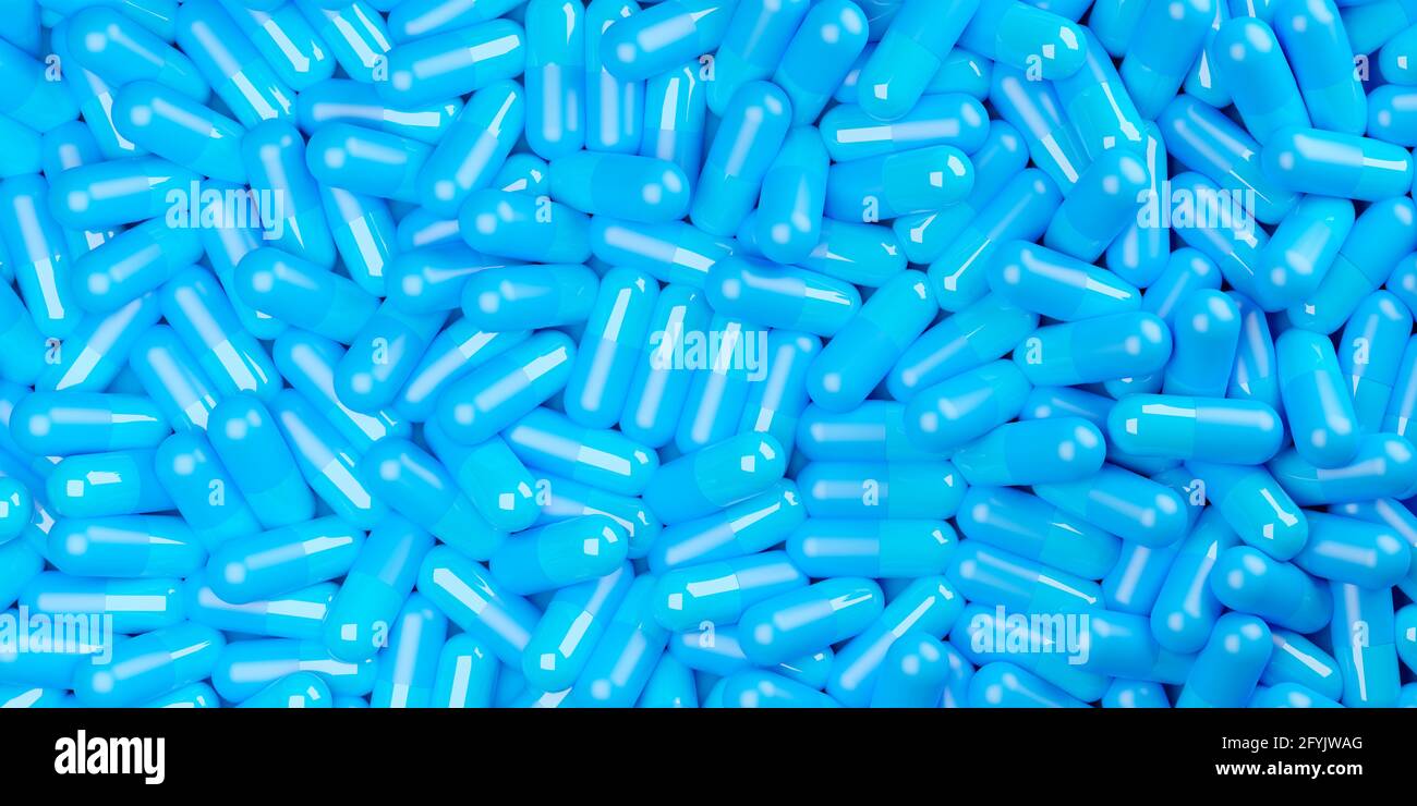 Blue pill capsules heap frame filling background, medical treatment ...