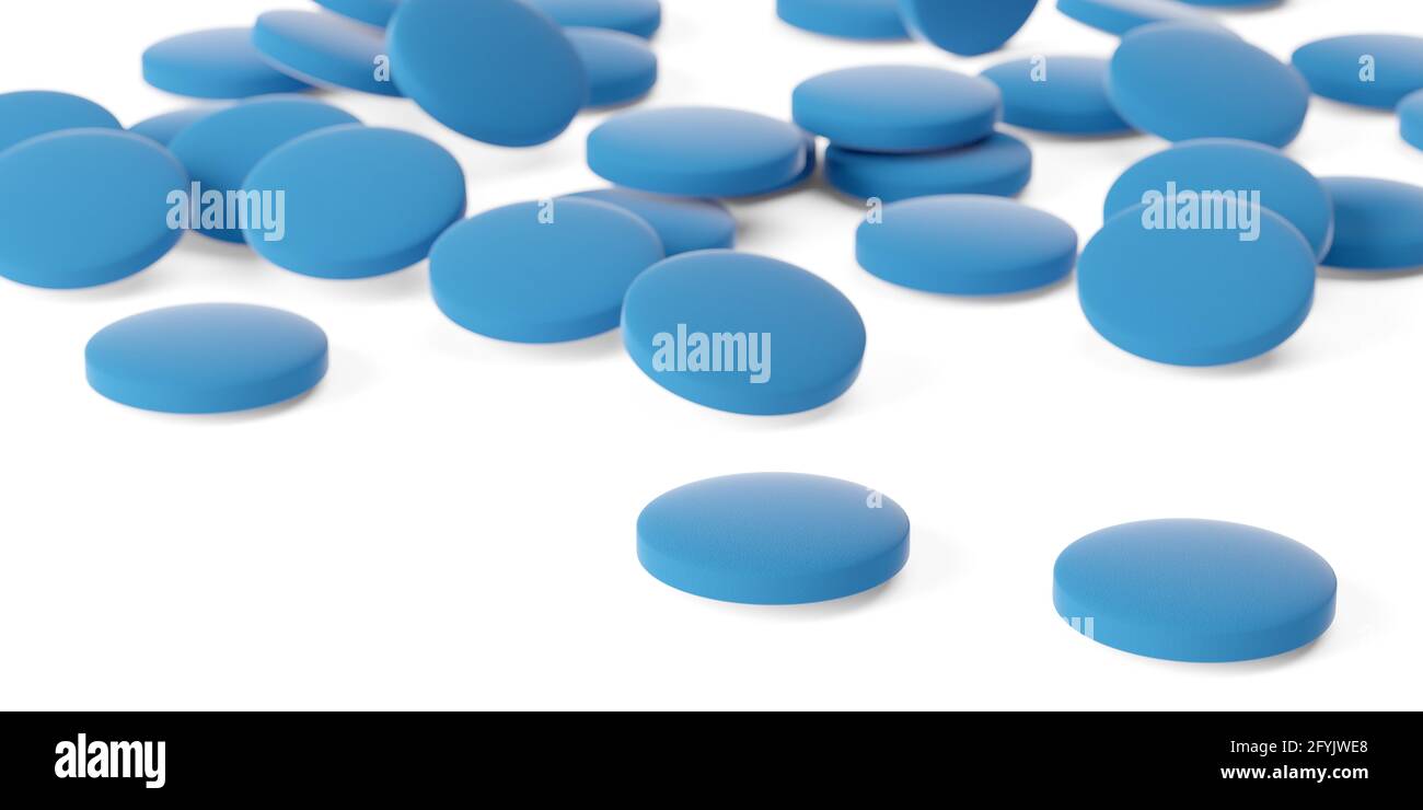 Blue pill heap over white background, medical treatment, pharmaceutical ...