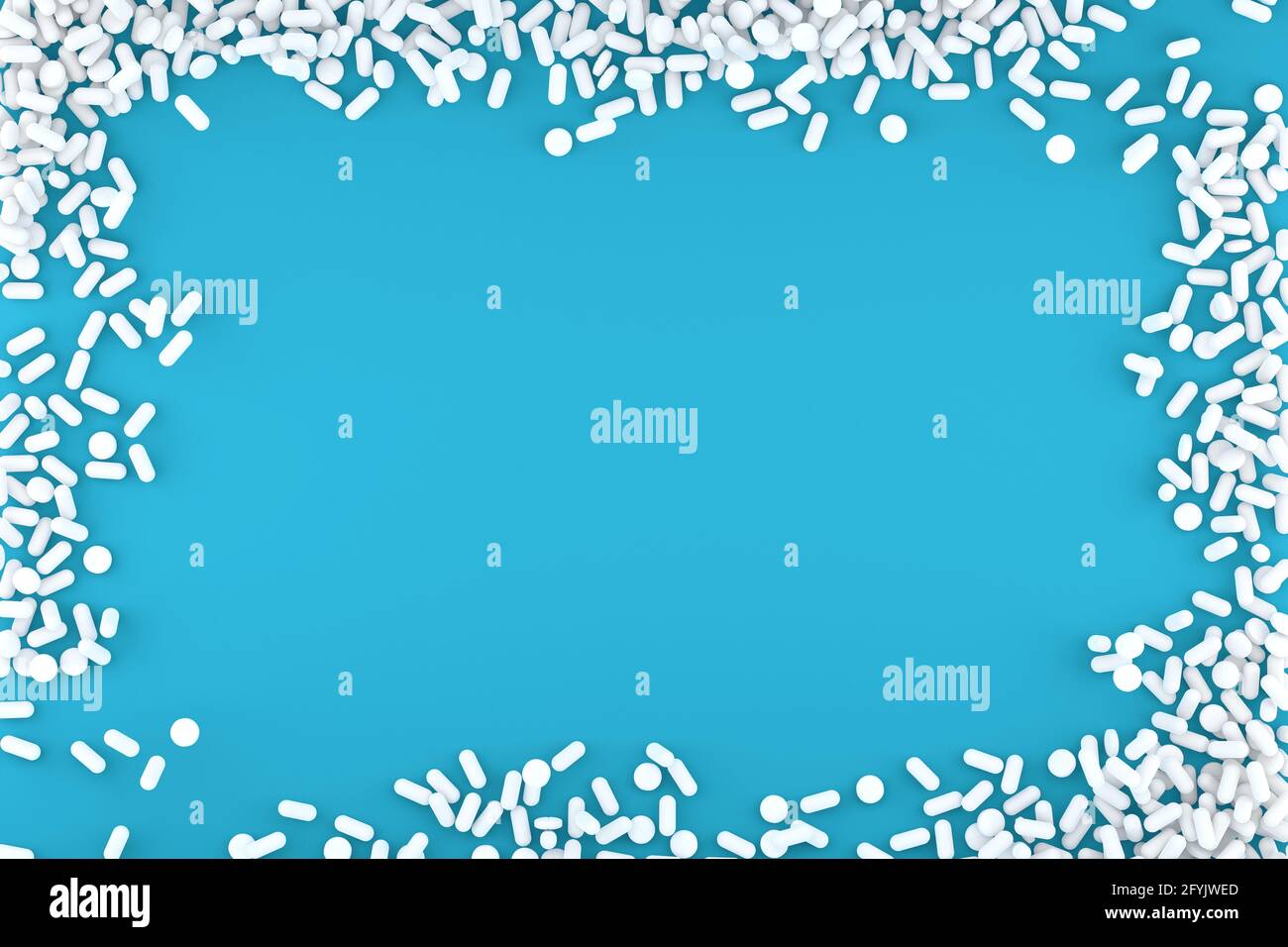 White pills border frame over blue background, medical treatment ...