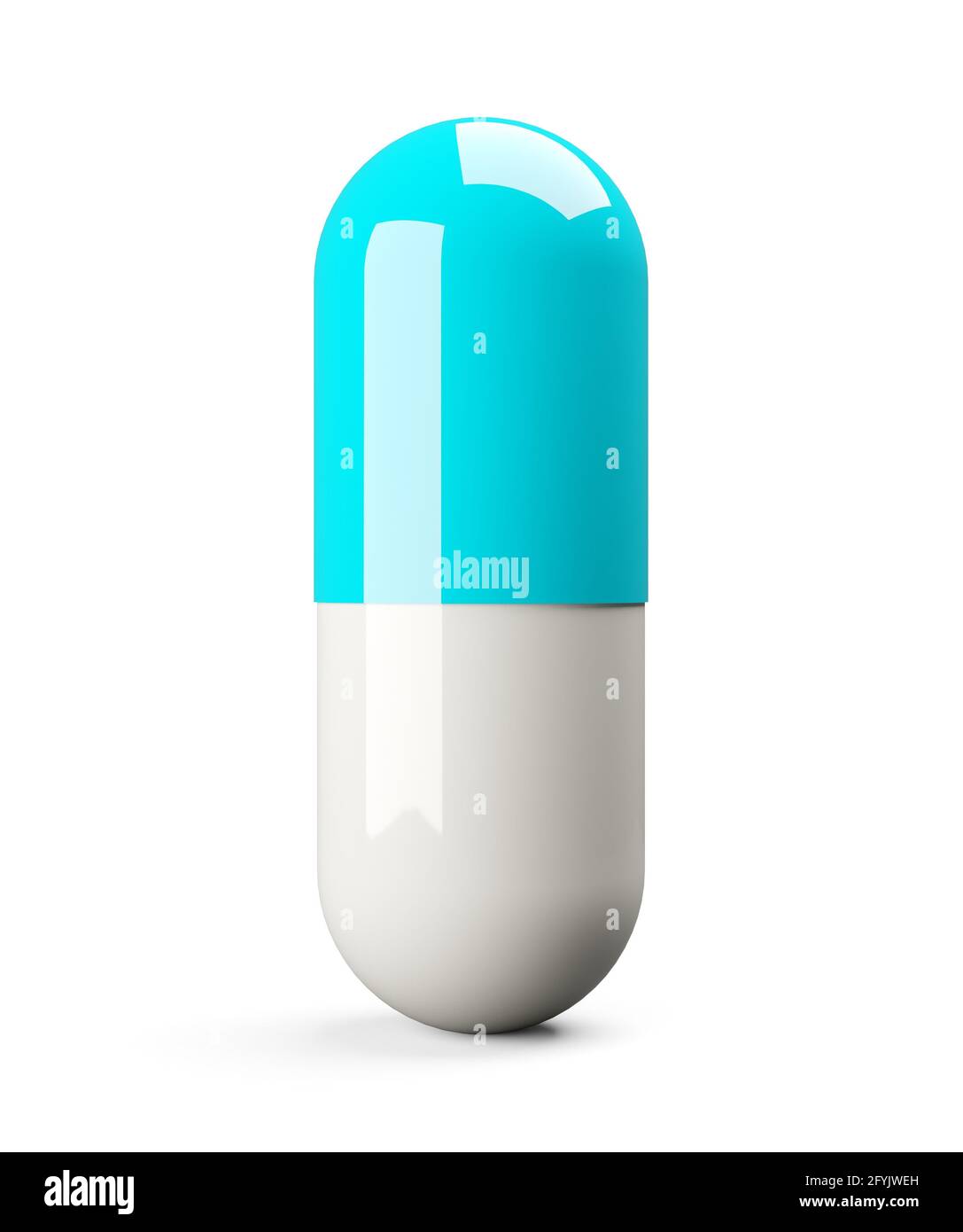 Single blue and white pill capsule over white background, medical ...