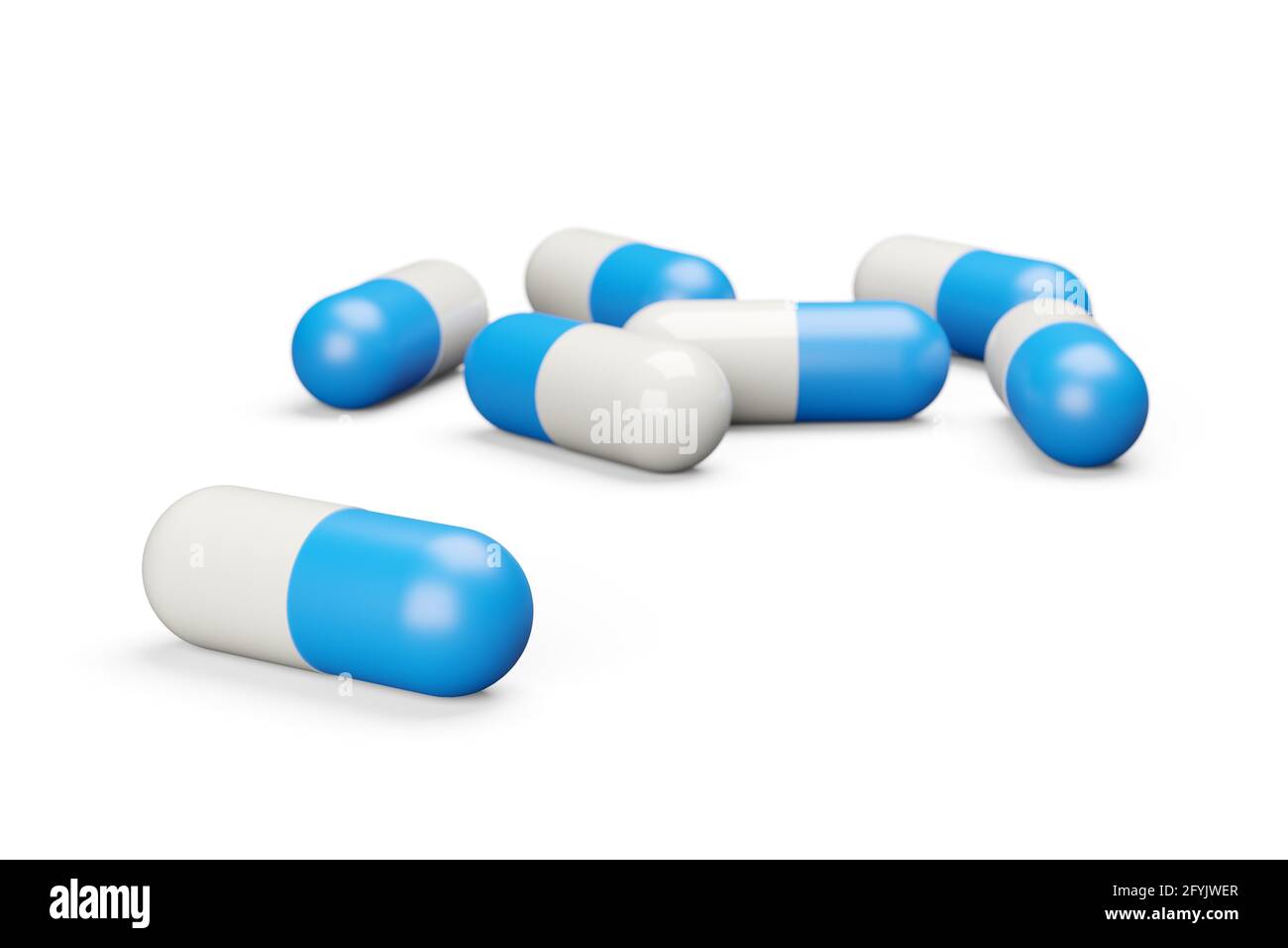 Blue and white pill capsules over white background, medical treatment ...