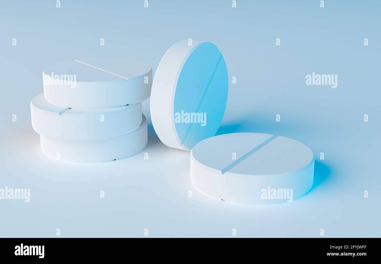 White pills over white background blue lit, medical treatment ...