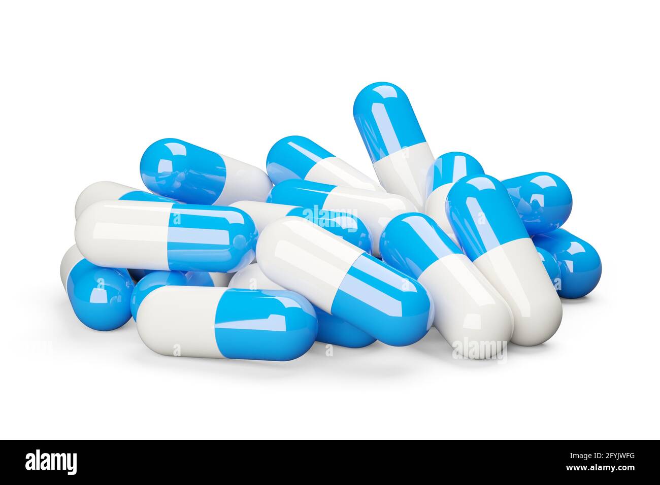 Blue and white pill capsules heap over white background, medical ...