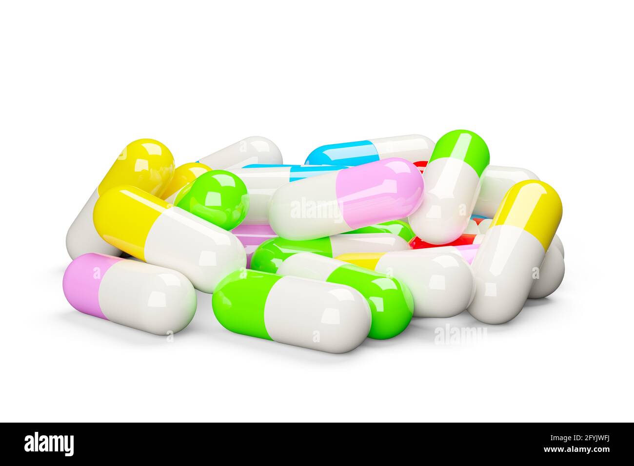 Multi colored pill capsules heap over white background, medical ...