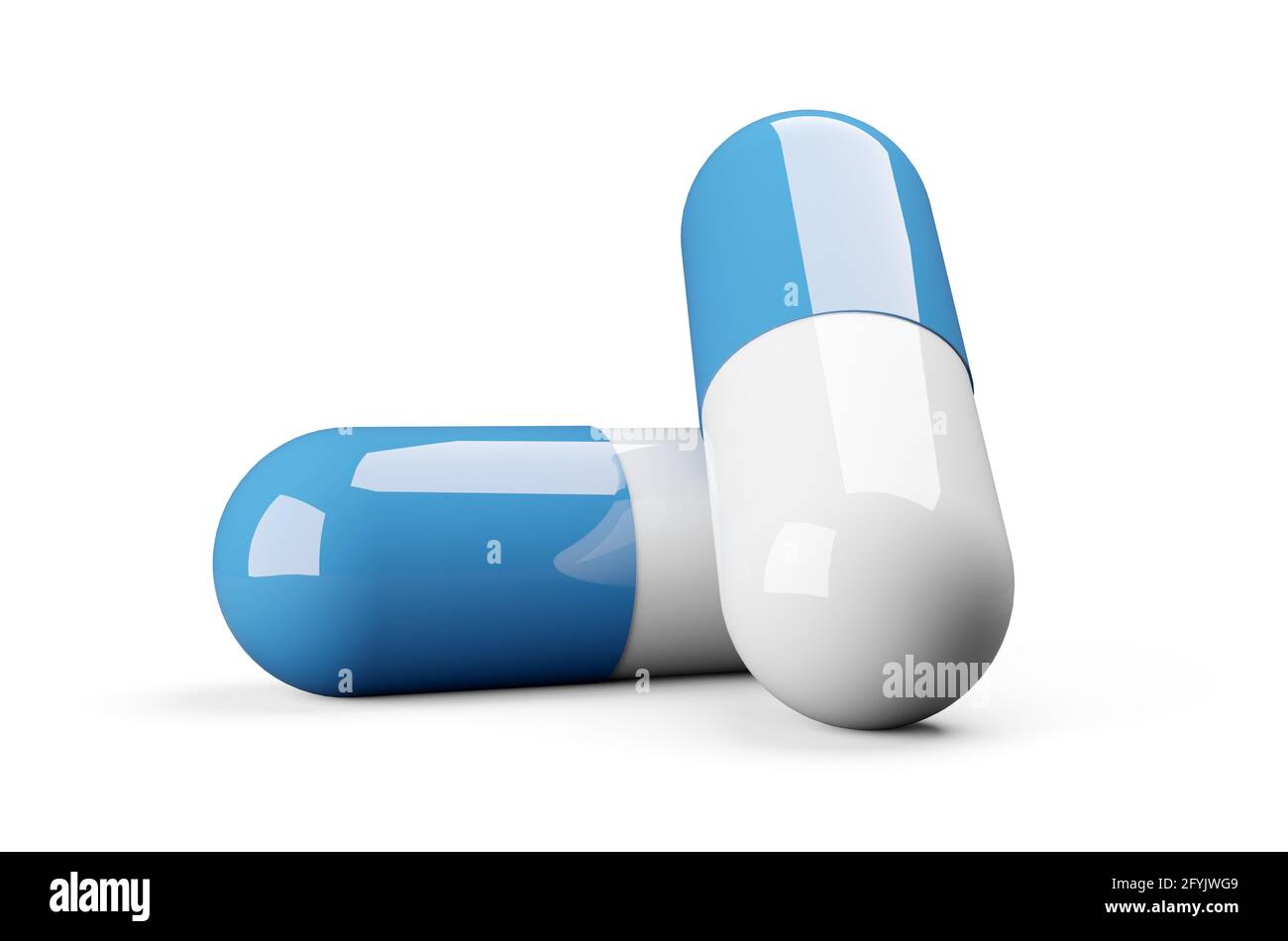 Two blue and white pill capsules over white background, medical ...