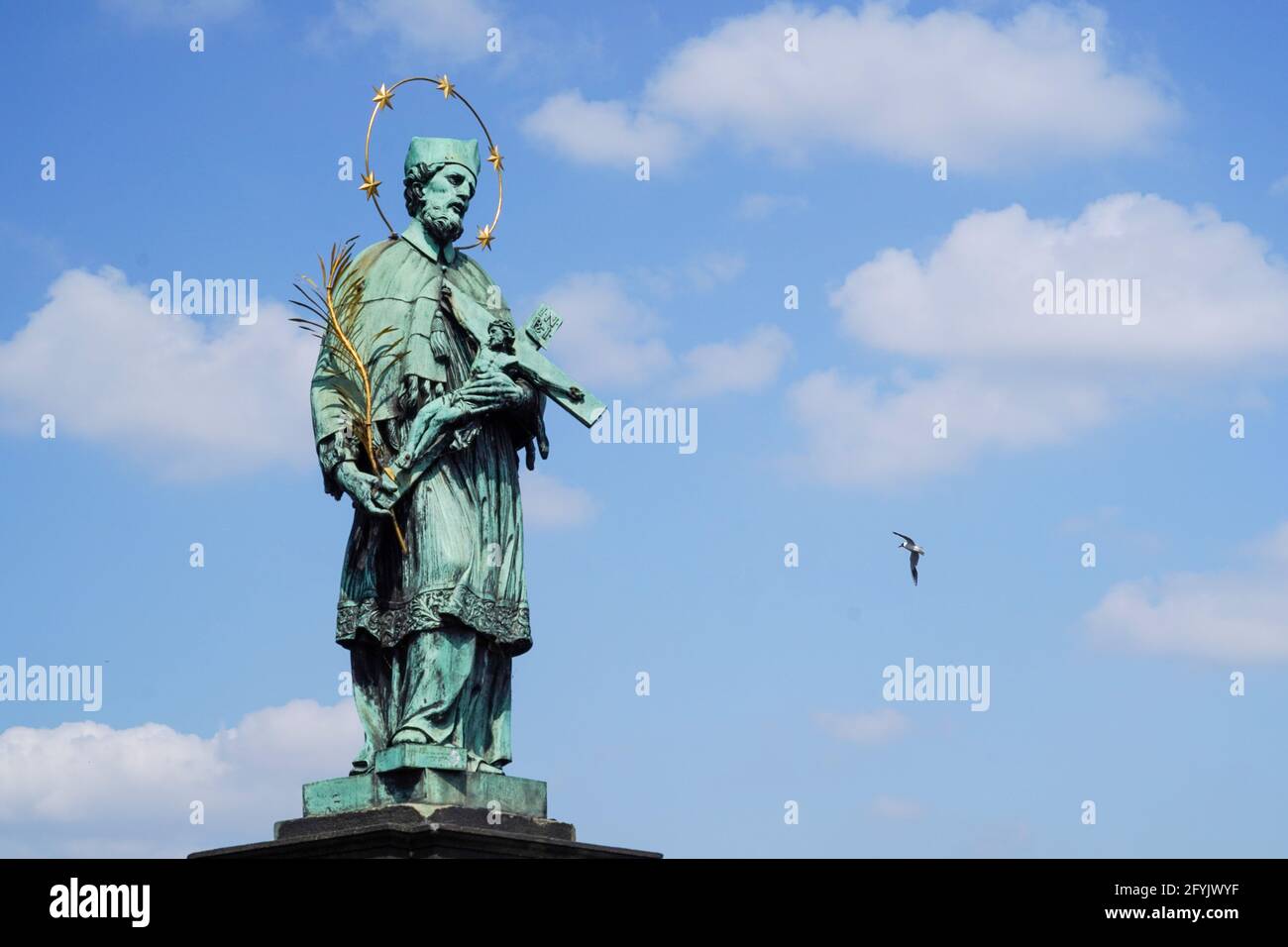 Prague charles bridge statue detail view panorama Stock Photo - Alamy