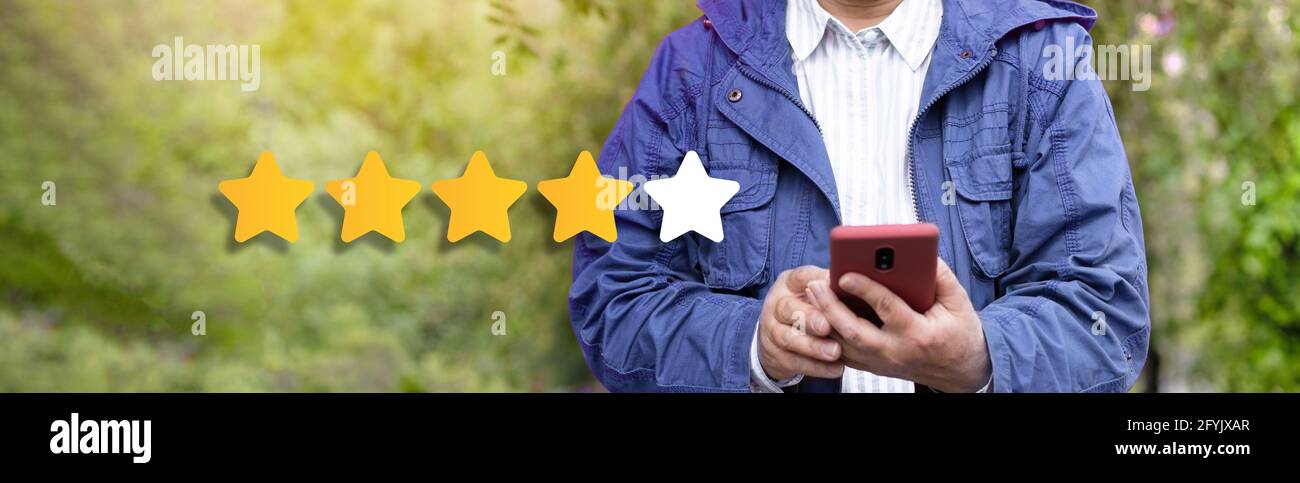 Woman gives stellar feedback. Customers choose a satisfaction rating ...