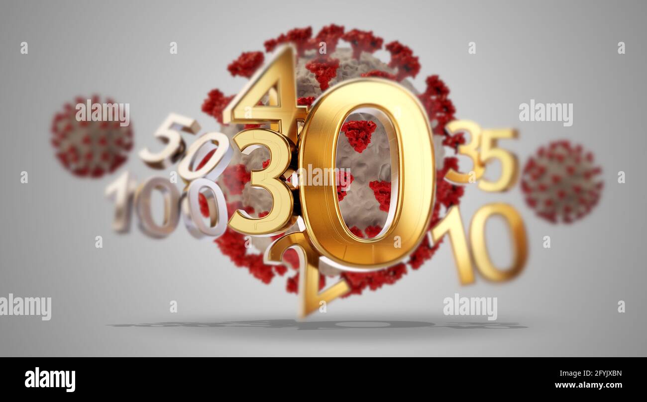 Coronavirus and golden zero symbol. 0 and changing number as 20, 30, 40 ...