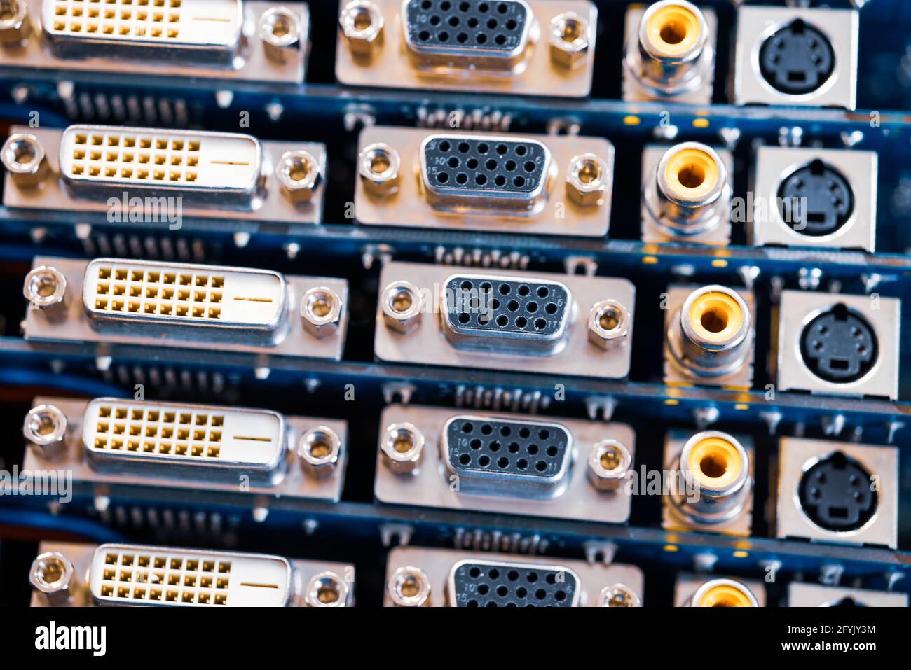 Close-up blurry metal sockets on a computer video board. Concept for ...