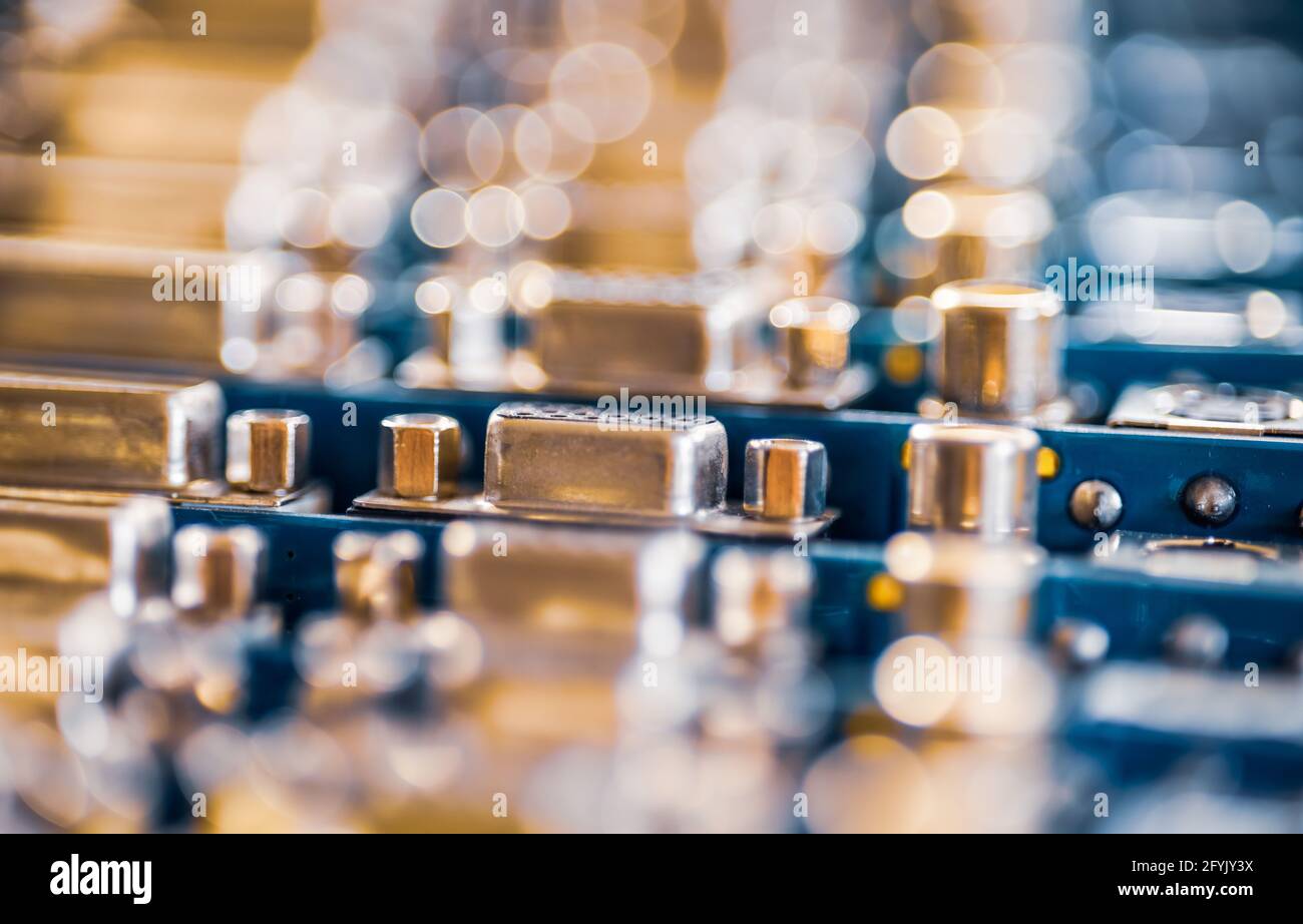 Close-up blurry metal sockets on a computer video board. Concept for ...
