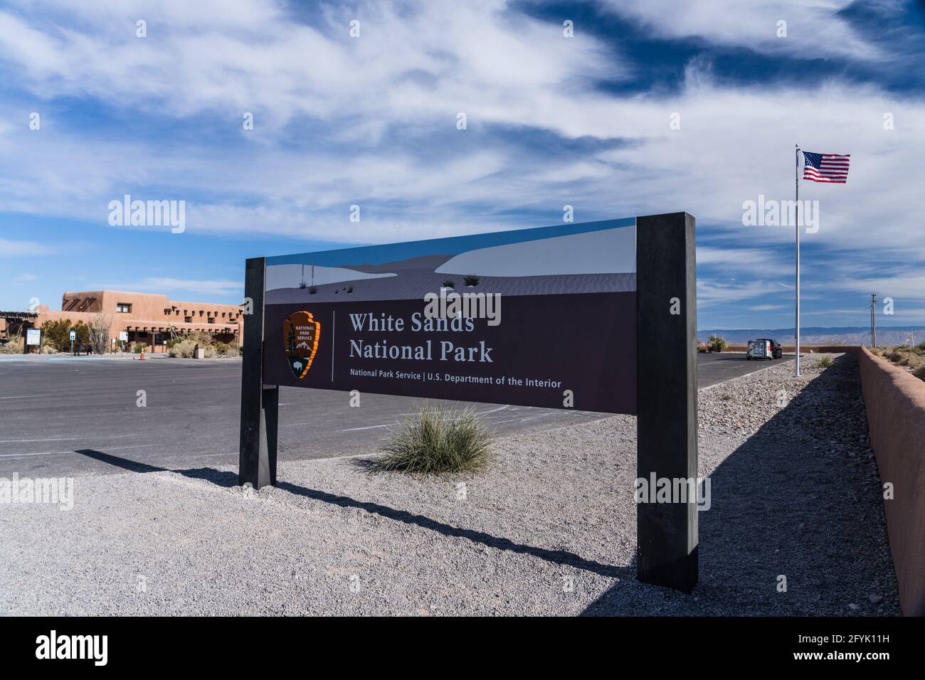 The entrance sign in front of the Visitor Center at White Sands ...