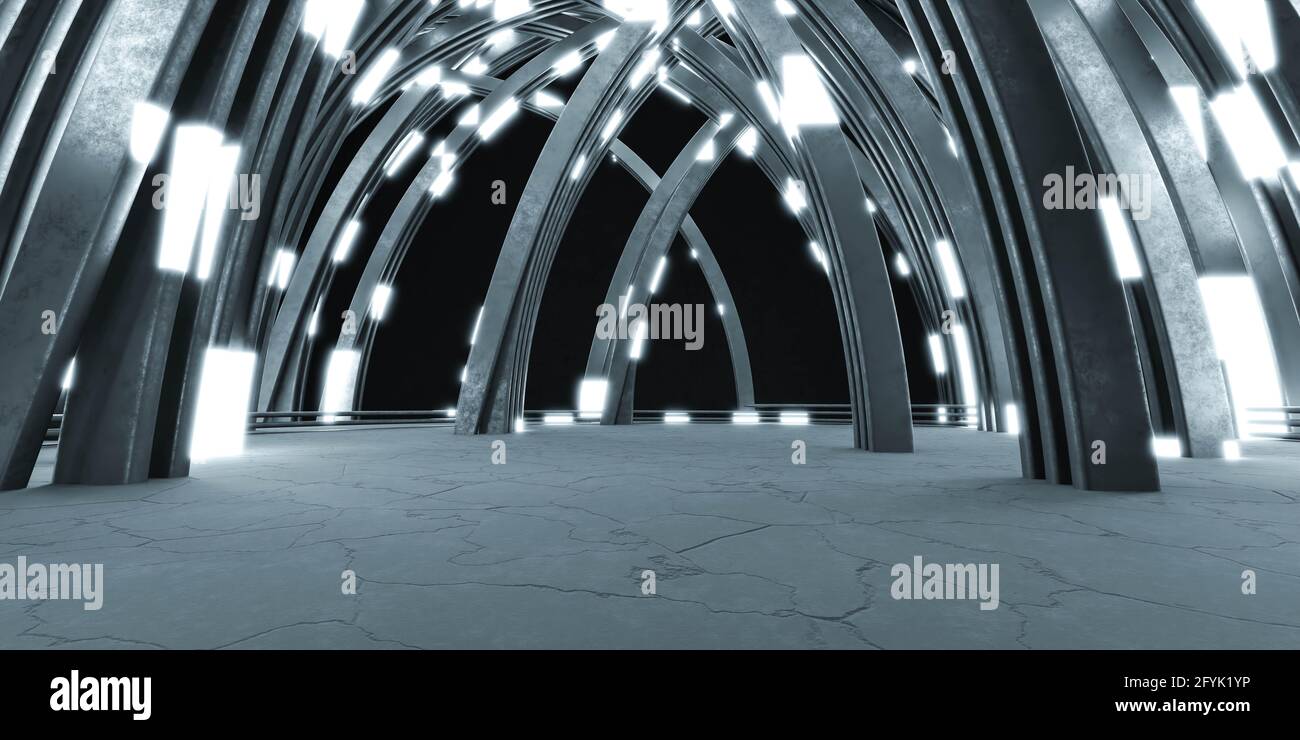 modern futuristic dark building interior with led lights 3d render ...