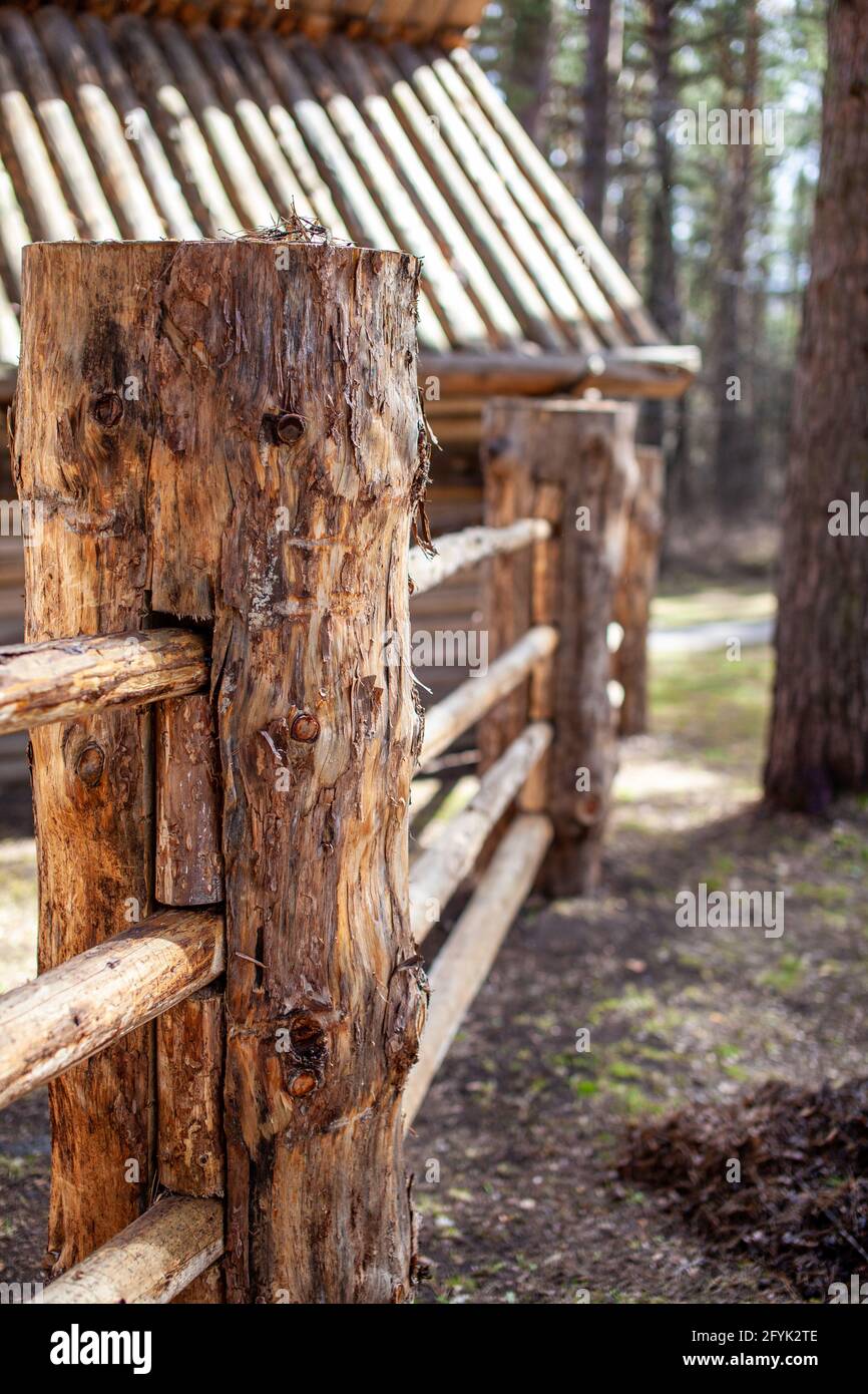 Large wooden fence posts that enclose an old wooden house in forest ...