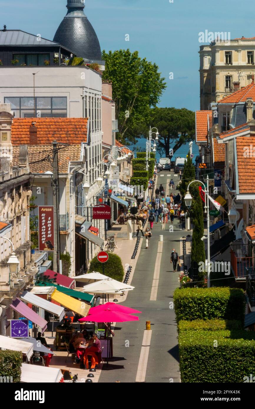 Arcachon, France, High Angle, Street Scenes, People shopping in town ...