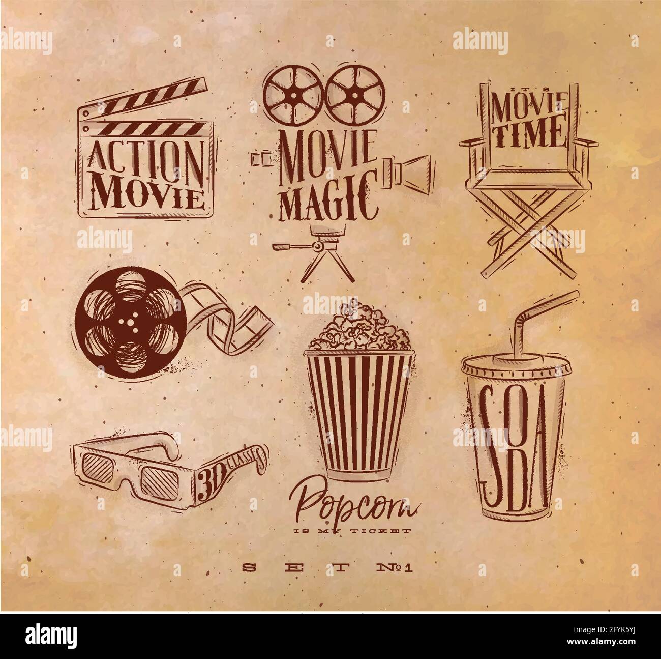 Cinema signs clapperboard, movie camera, chair, cine film, 3d glasses ...