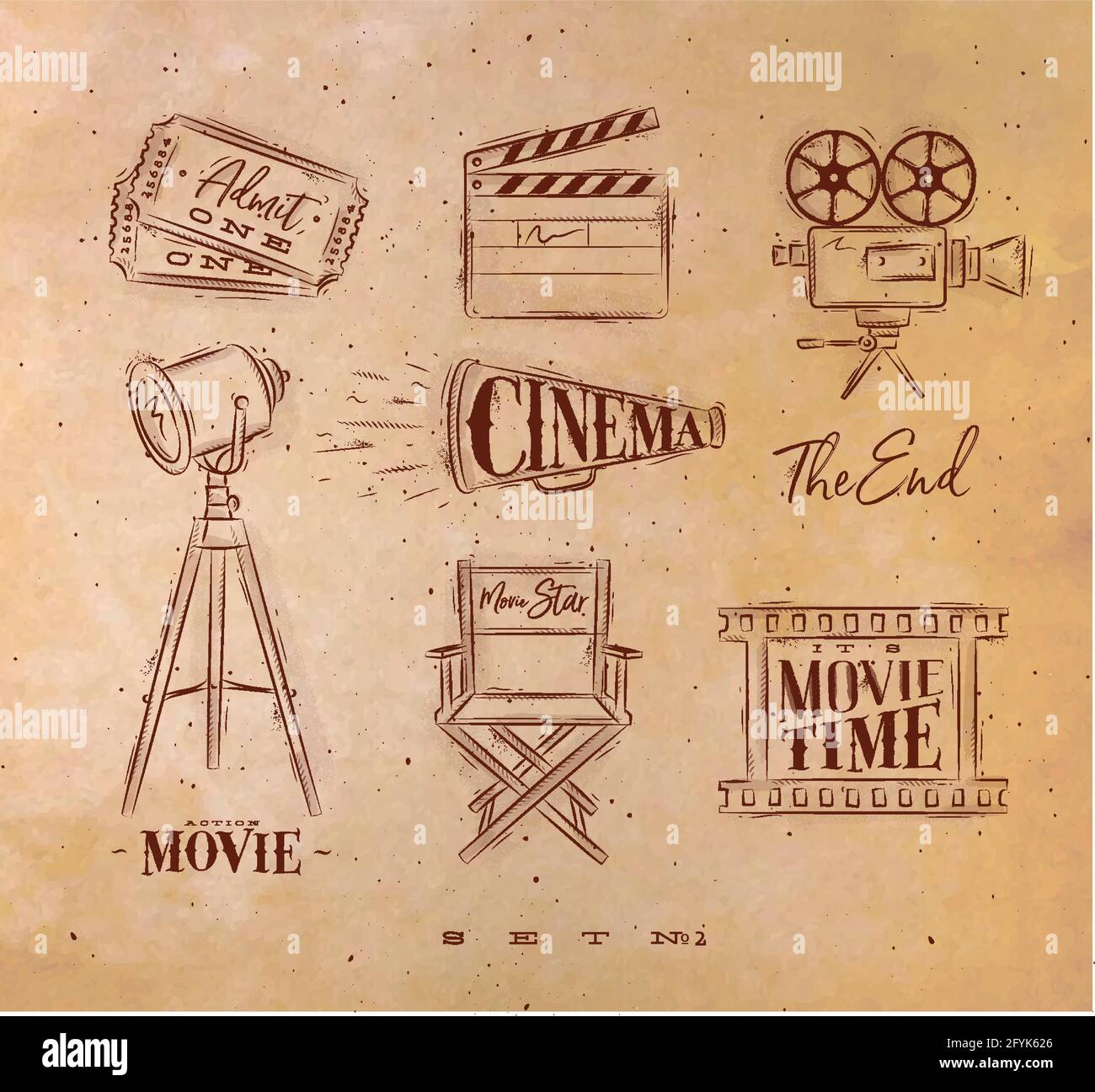 Cinema symbols ticket, clapperboard, movie camera, horn, searchlight ...