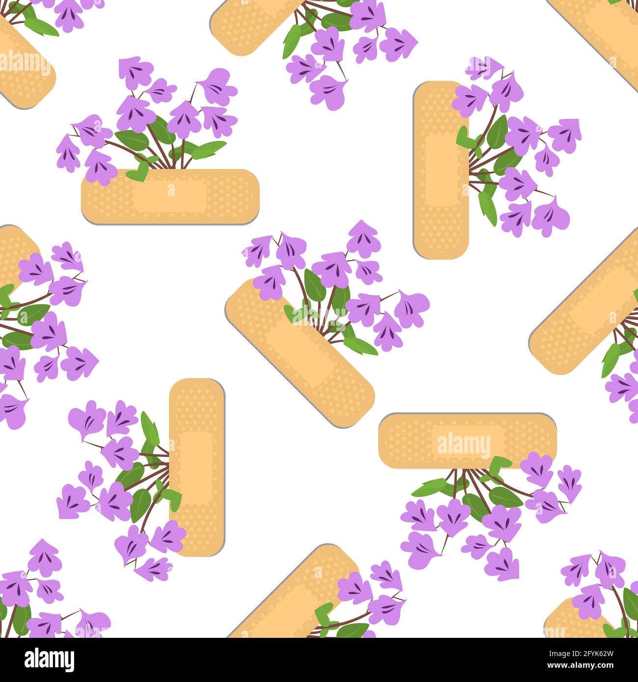 Seamless pattern with sticking plasters and purple flowers. Medical ...