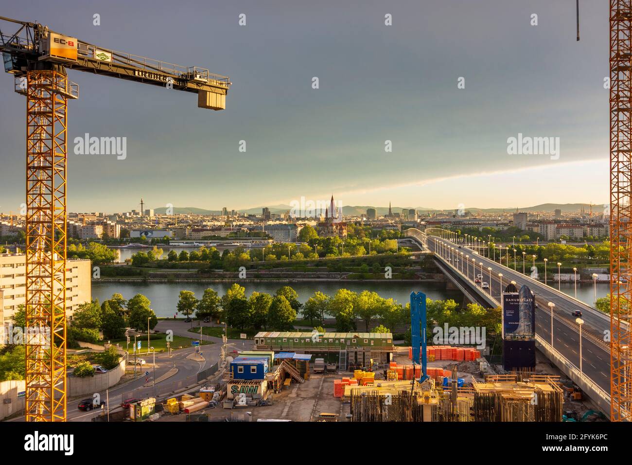 Wien, Vienna: construction site pit, crane, project "Danube Flats ...