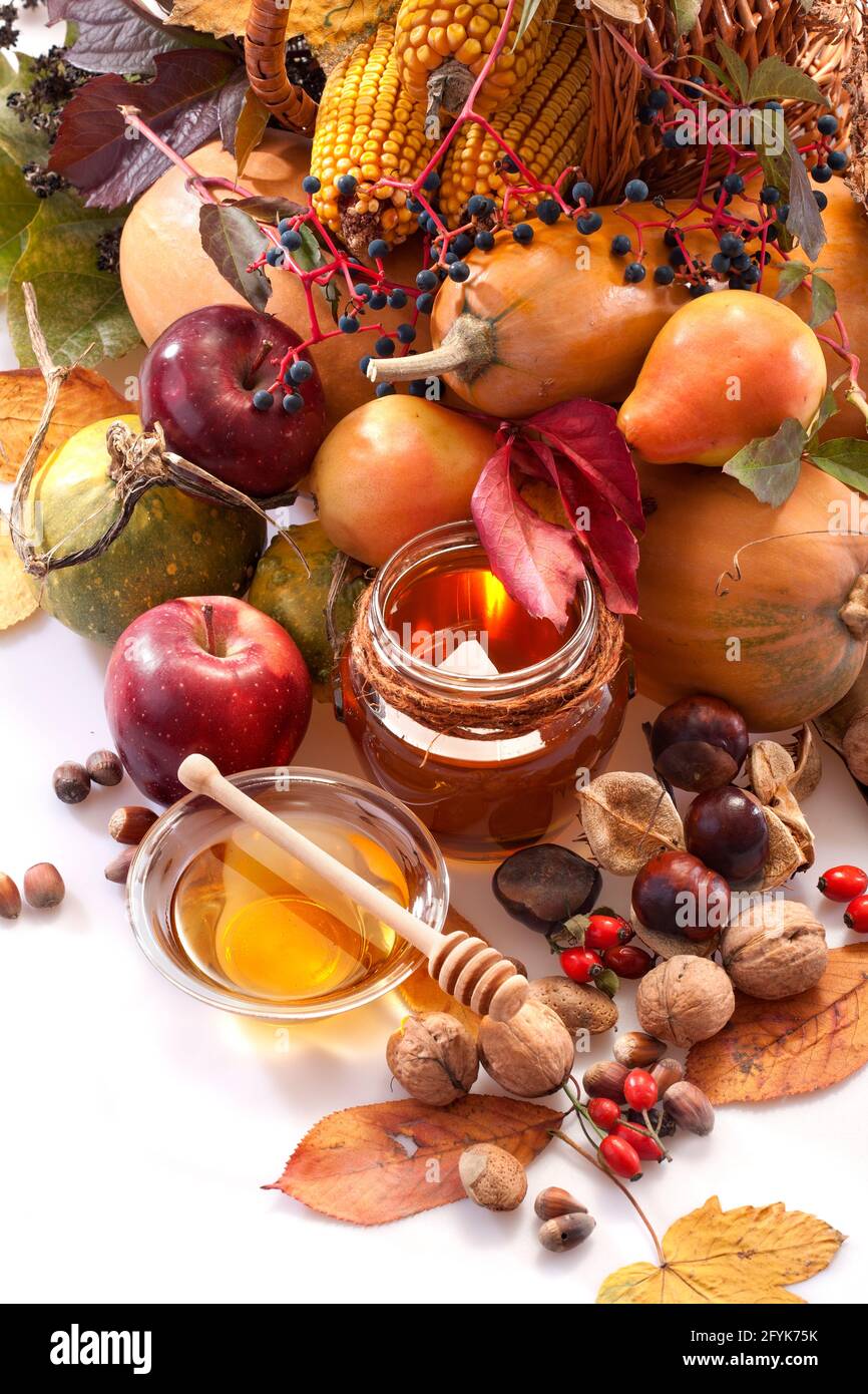 honey, apples and autumn fruits Stock Photo - Alamy