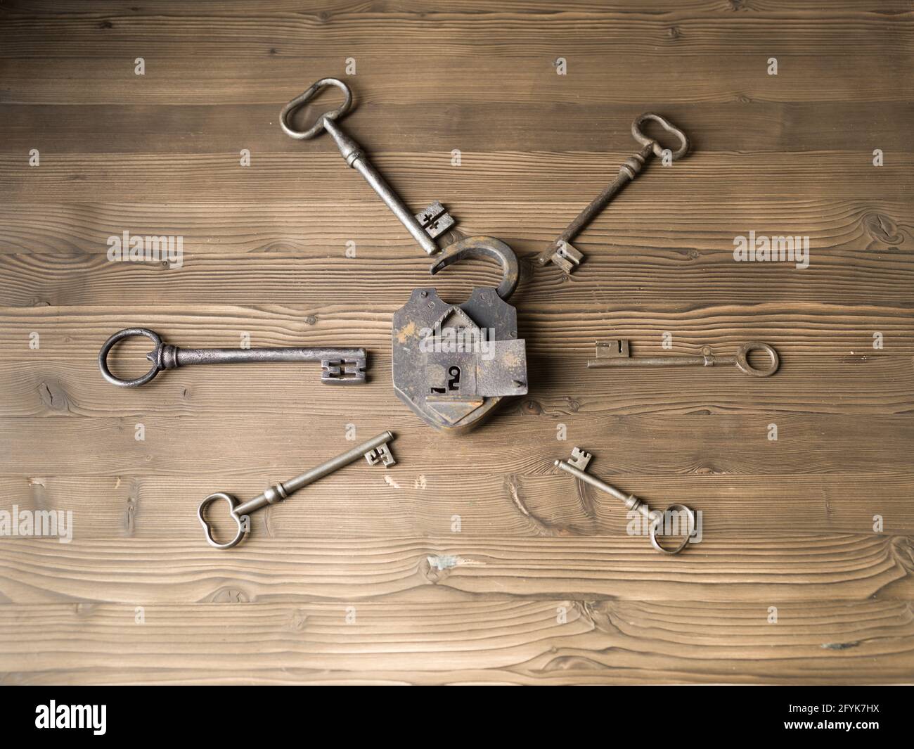 Lock and keys on wooden background Stock Photo - Alamy