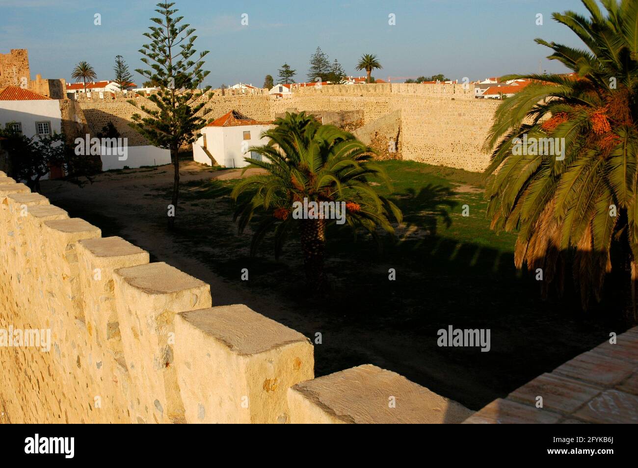 Portugal, Sines. View of the battlemented walls of the castle, a ...