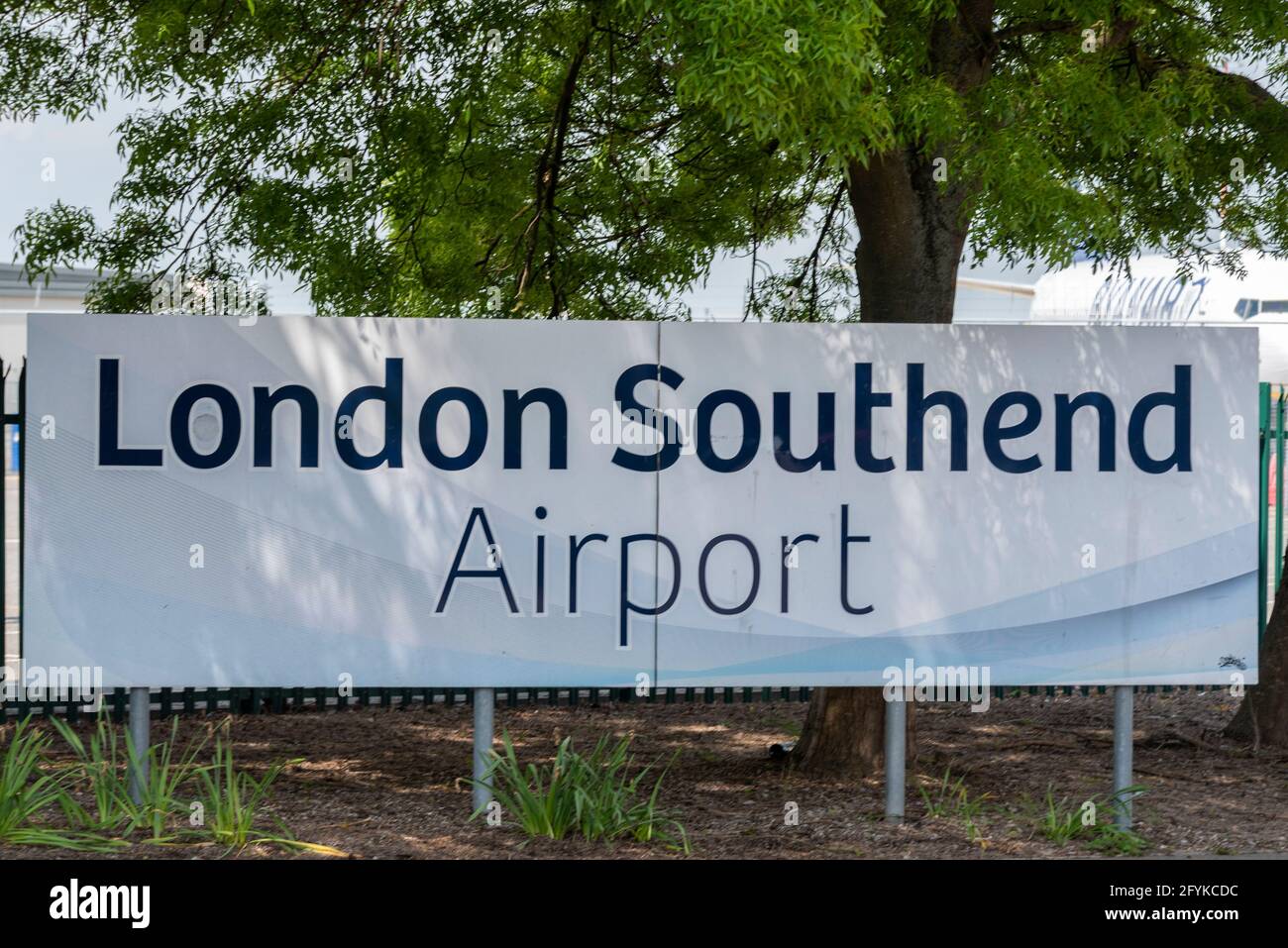 Entrance sign at London Southend Airport, Essex, UK, with Ryanair ...