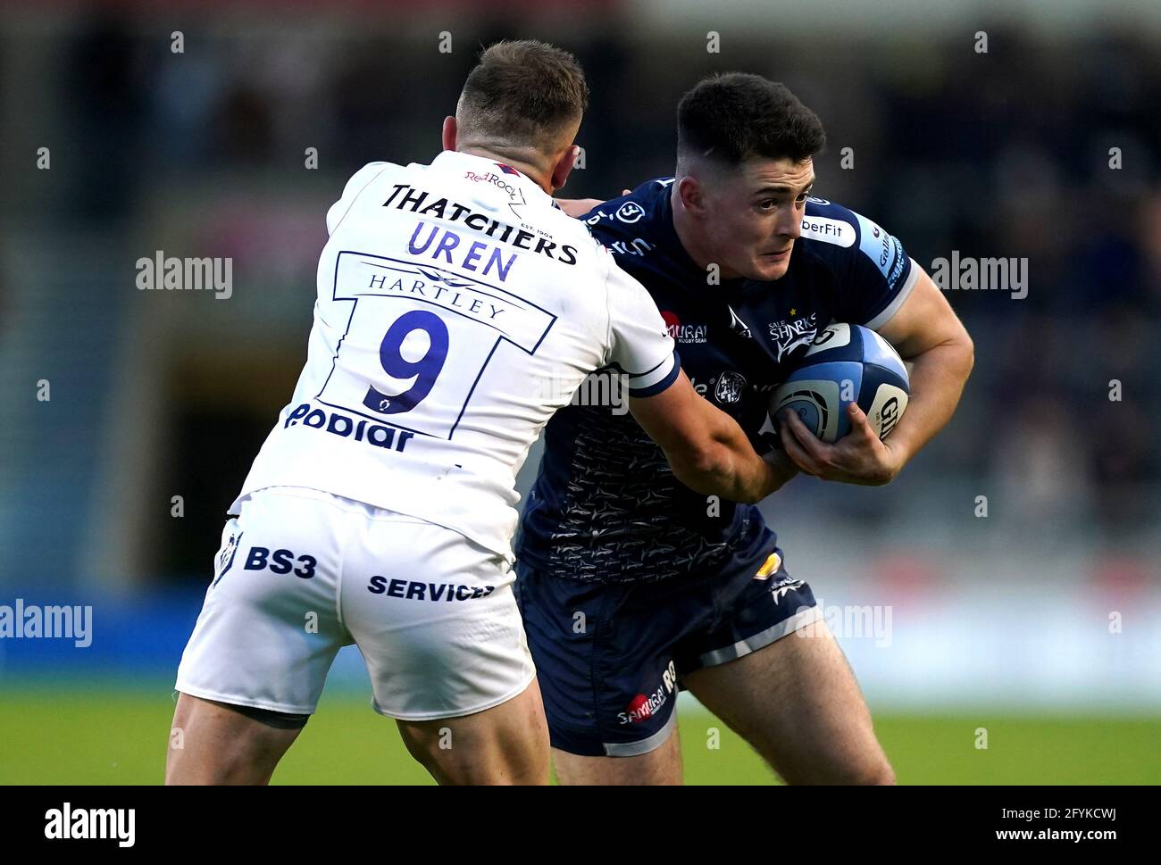 Sale Sharks' Raffi Quirke (right) is tackled by Bristol Bears' Andy ...