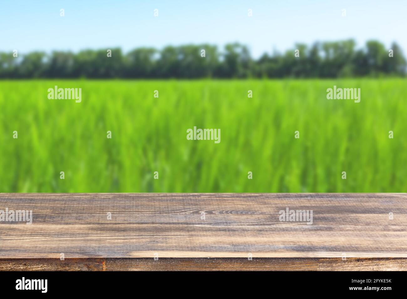 wood table top on blurred field background with grass Stock Photo - Alamy