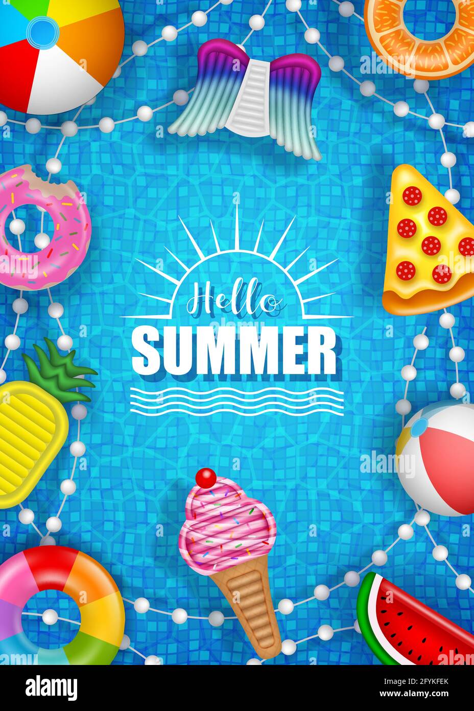 Hello summer poster with colorful inflatables balls, mattresses and ...