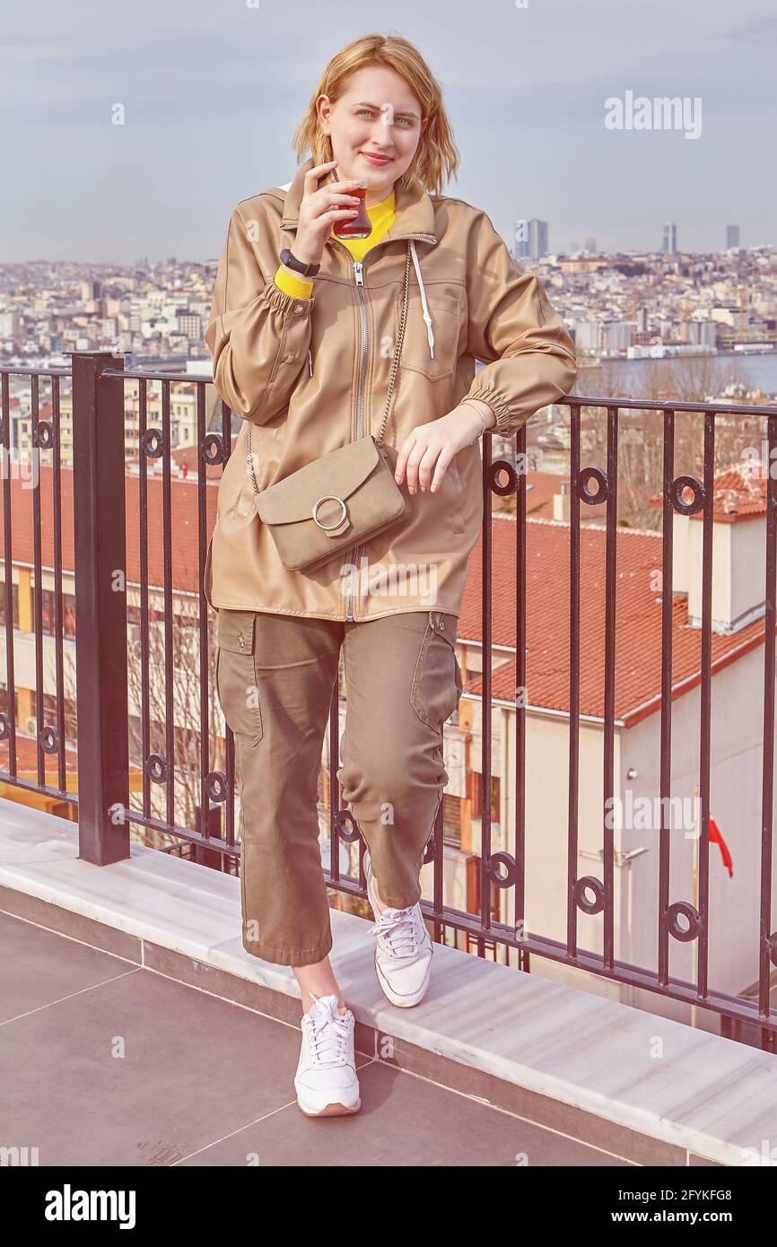 Tea party on rooftop of hotel in Istanbul, in front of cityscape Stock ...