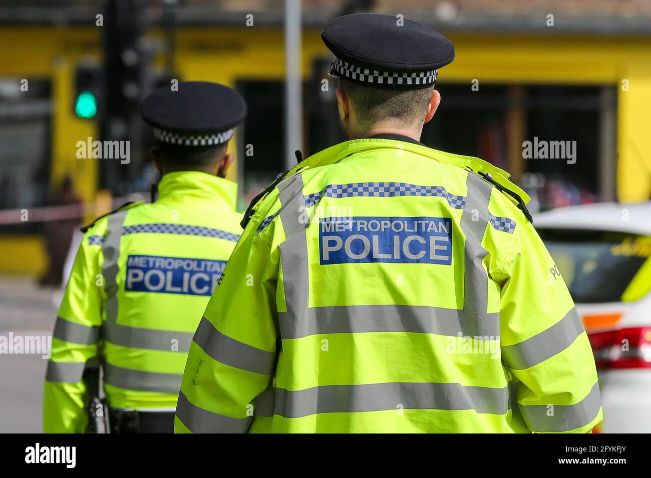 London, UK. 28th May, 2021. Police officers seen on a street in London ...