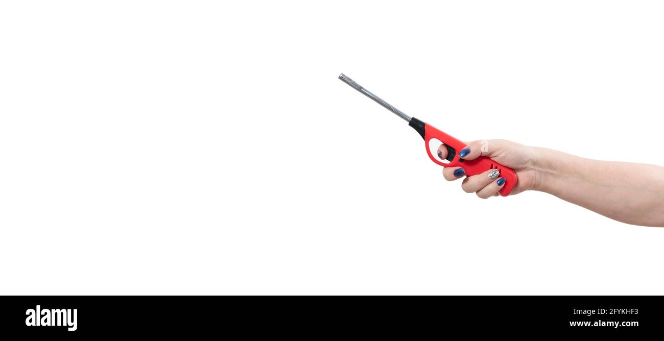 female hand holding red lighter, isolated on white background Stock ...