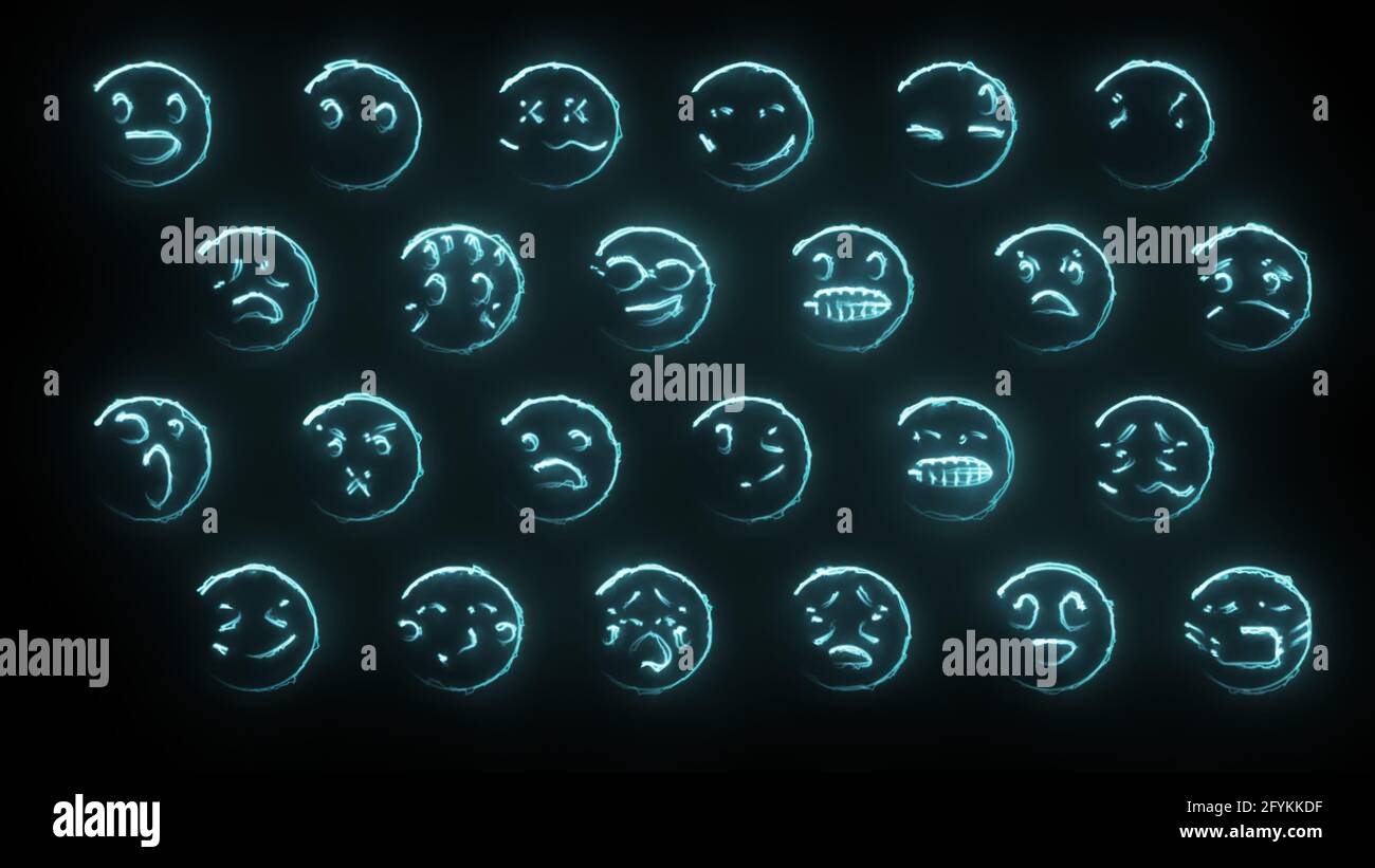 3D rendering of a set of 24 emoji with glow effects. Neon emotional ...