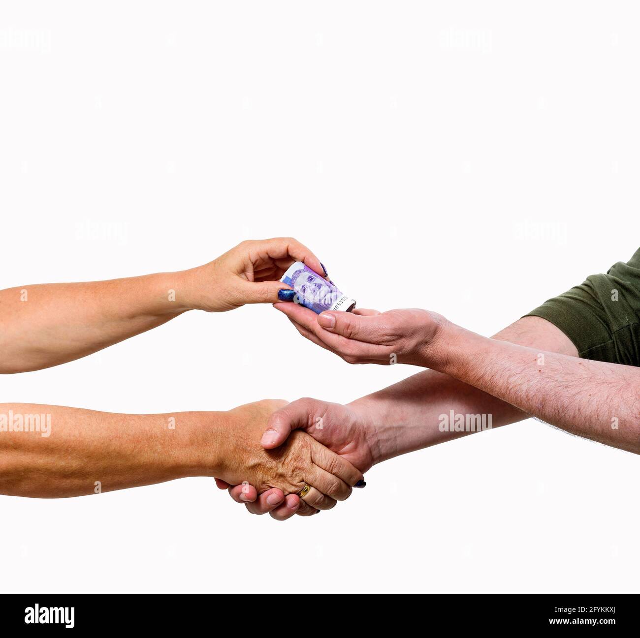 Hand handing over Colombian money - White background Stock Photo - Alamy