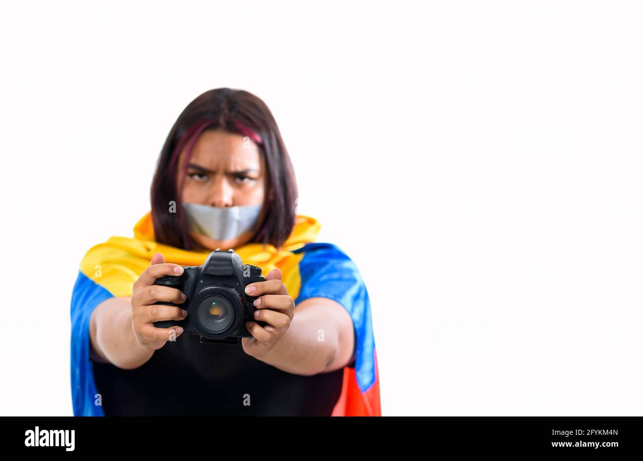 Colombian journalist with the tricolor flag - National strike Stock ...