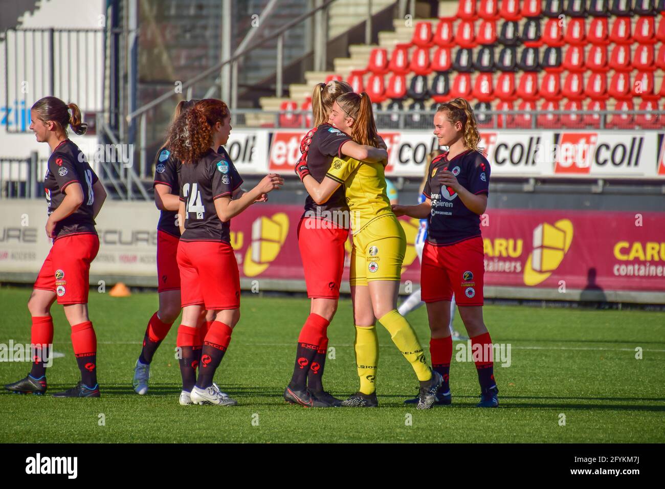 Hugging Isa Pothof (#1 Excelsior) and Nidia Bos (#3 Excelsior) during ...