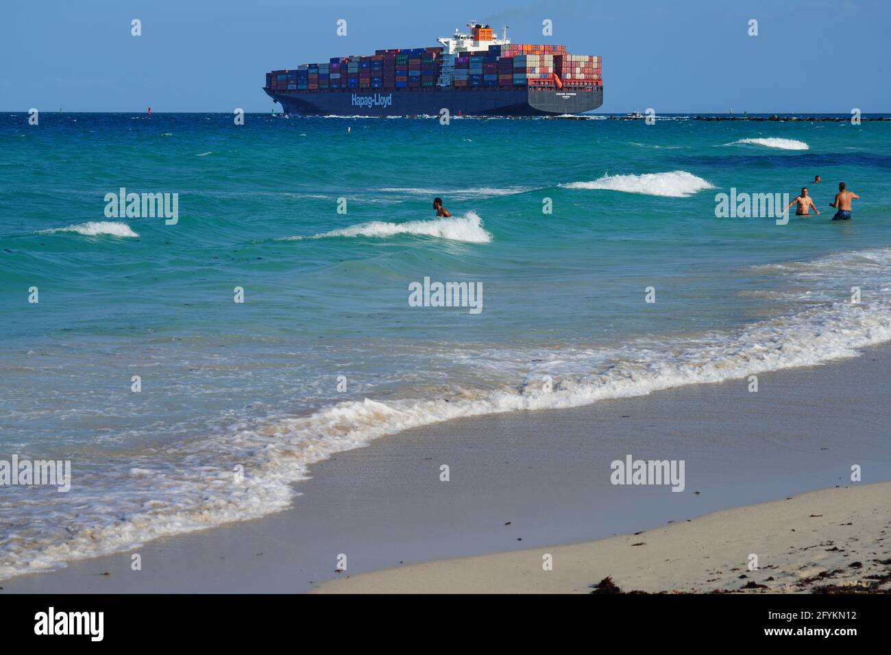 MIAMI BEACH, FL -23 APR 2021- View of a Hapag Lloyd freight cargo ...