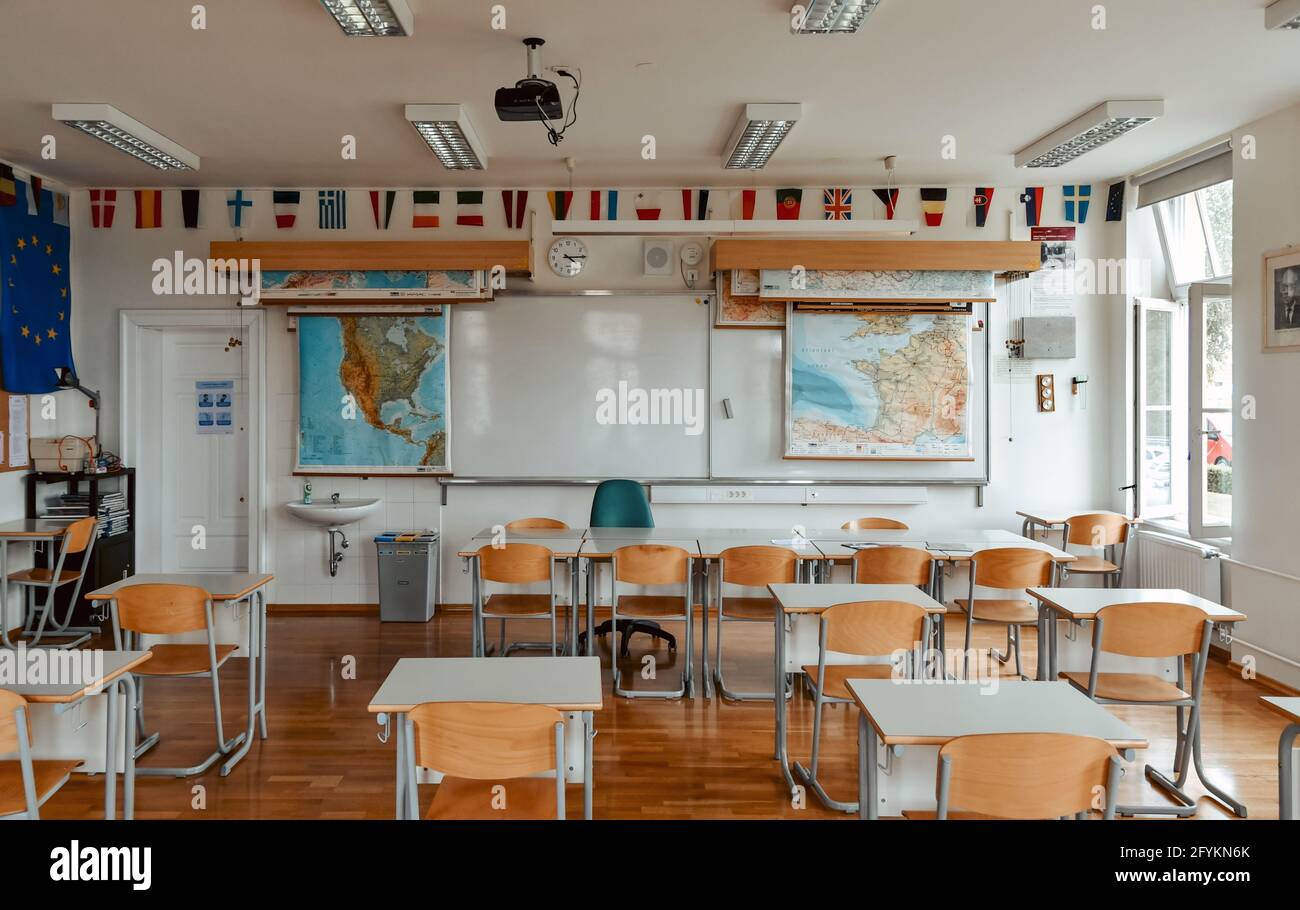 Empty school classroom with white board on wall Stock Photo - Alamy