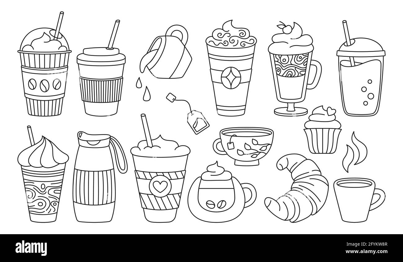 Coffee cup black line cartoon set. Trendy doodle flat various cups to ...