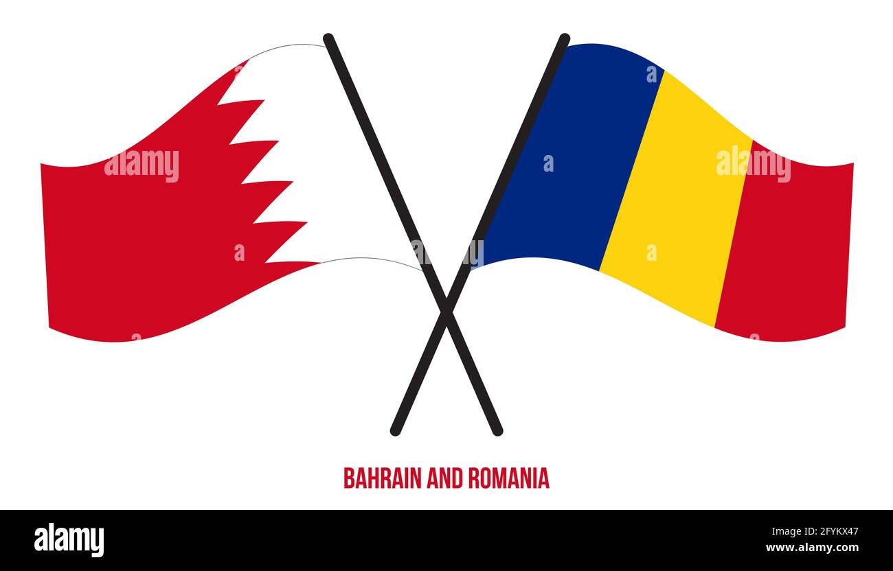 Bahrain and Romania Flags Crossed And Waving Flat Style. Official ...