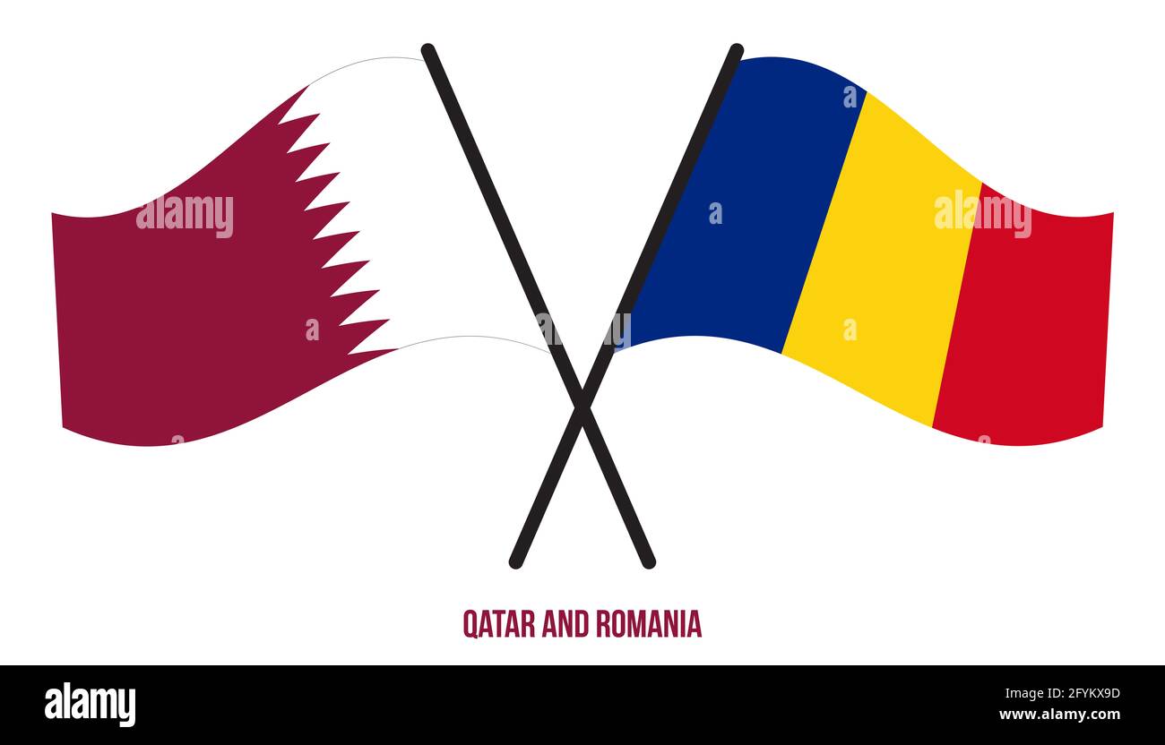 Qatar and Romania Flags Crossed And Waving Flat Style. Official ...