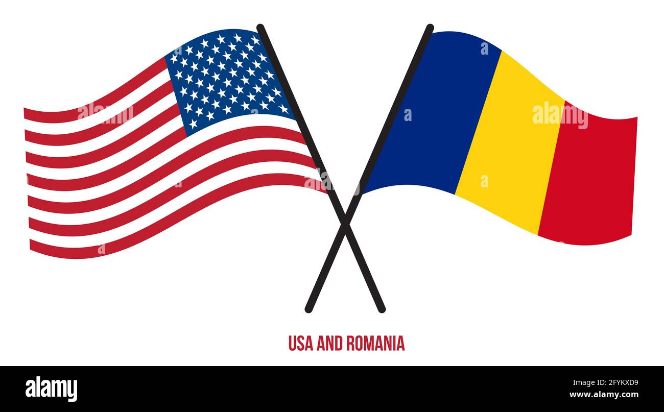 USA and Romania Flags Crossed And Waving Flat Style. Official ...