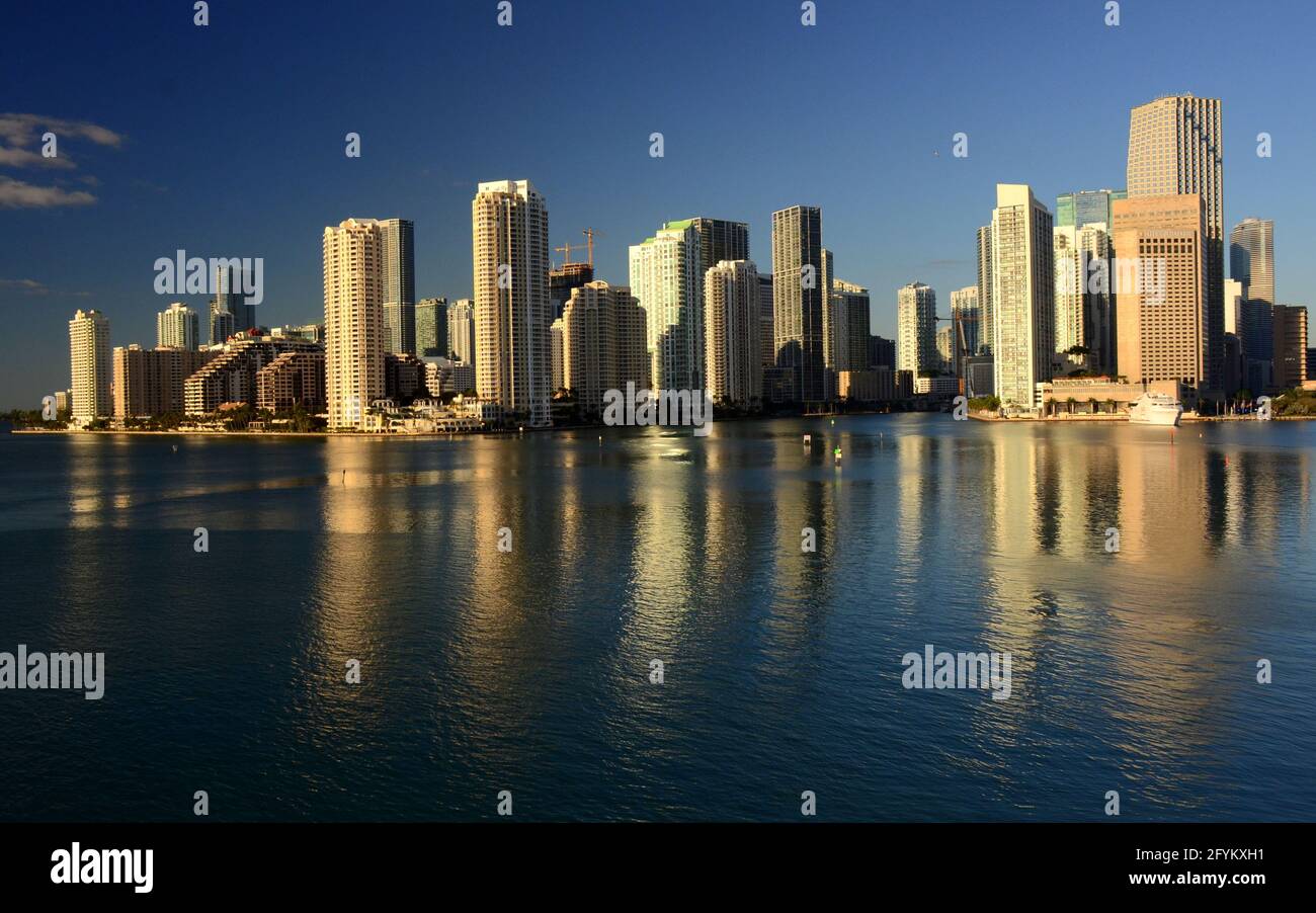 USA; MIAMI, FLORIDA; SKYLINE REFLECTION ON MIAMI SOUTH CHANNEL ...